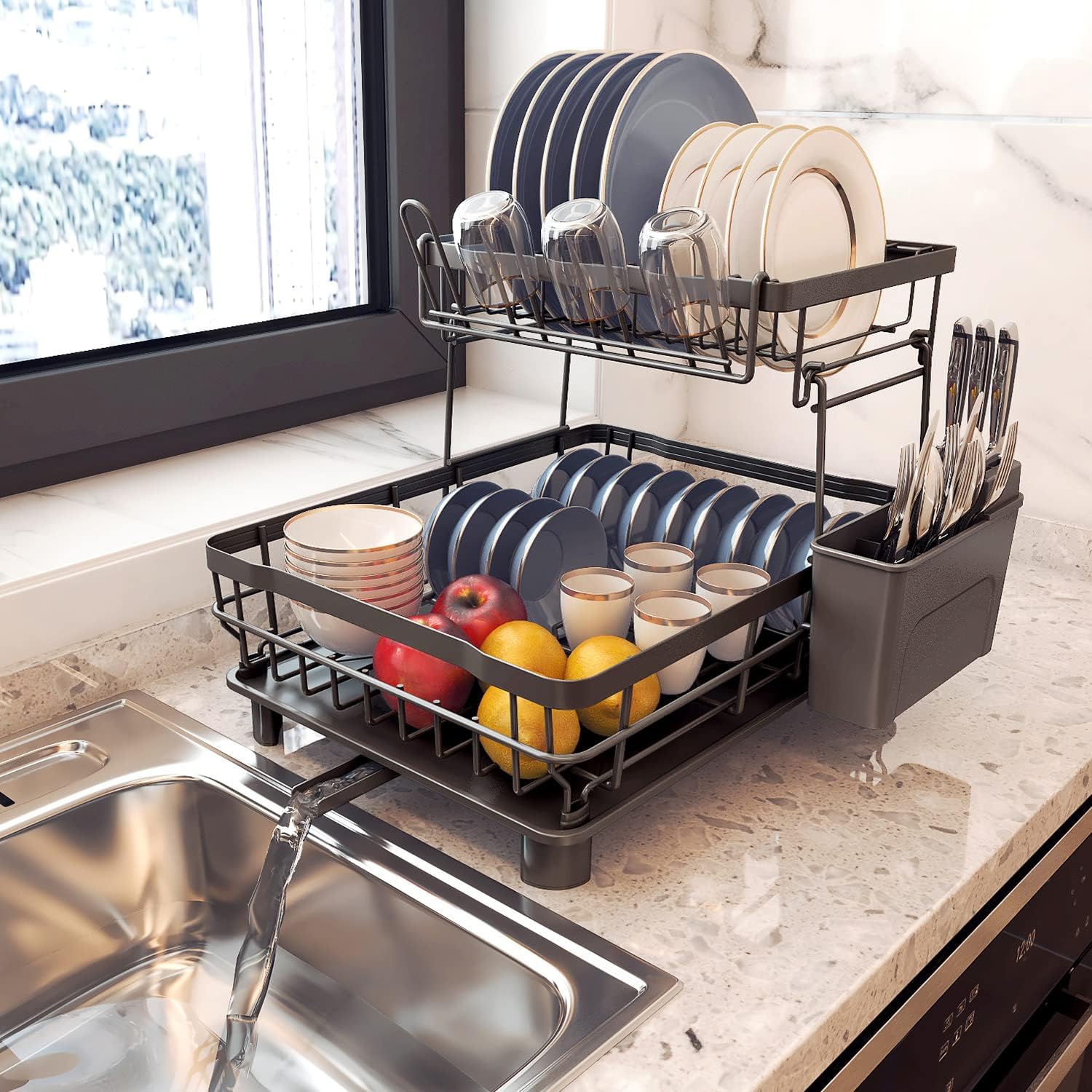 Trusthere Dish Drying Rack with Adjustable Drain Spout