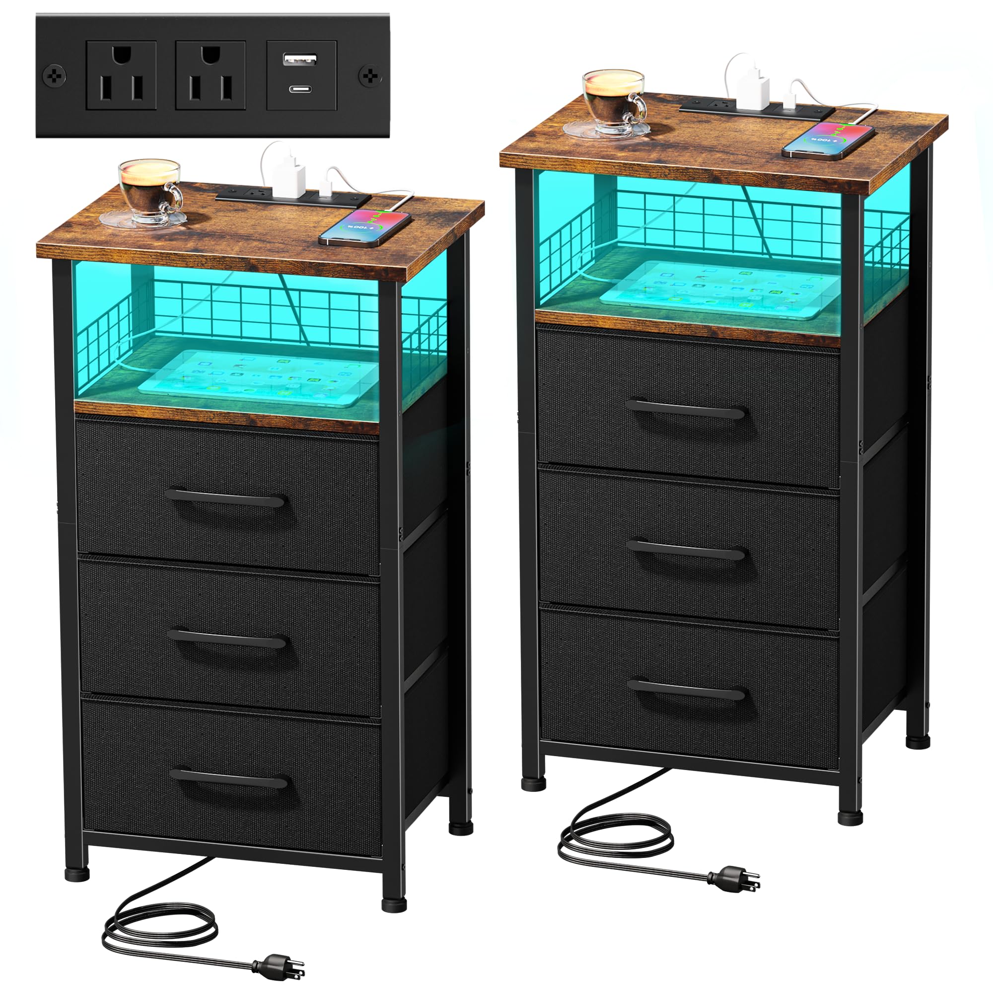 Amazon.com: LAKEMID Night Stand Set 2 with Charging Station ...