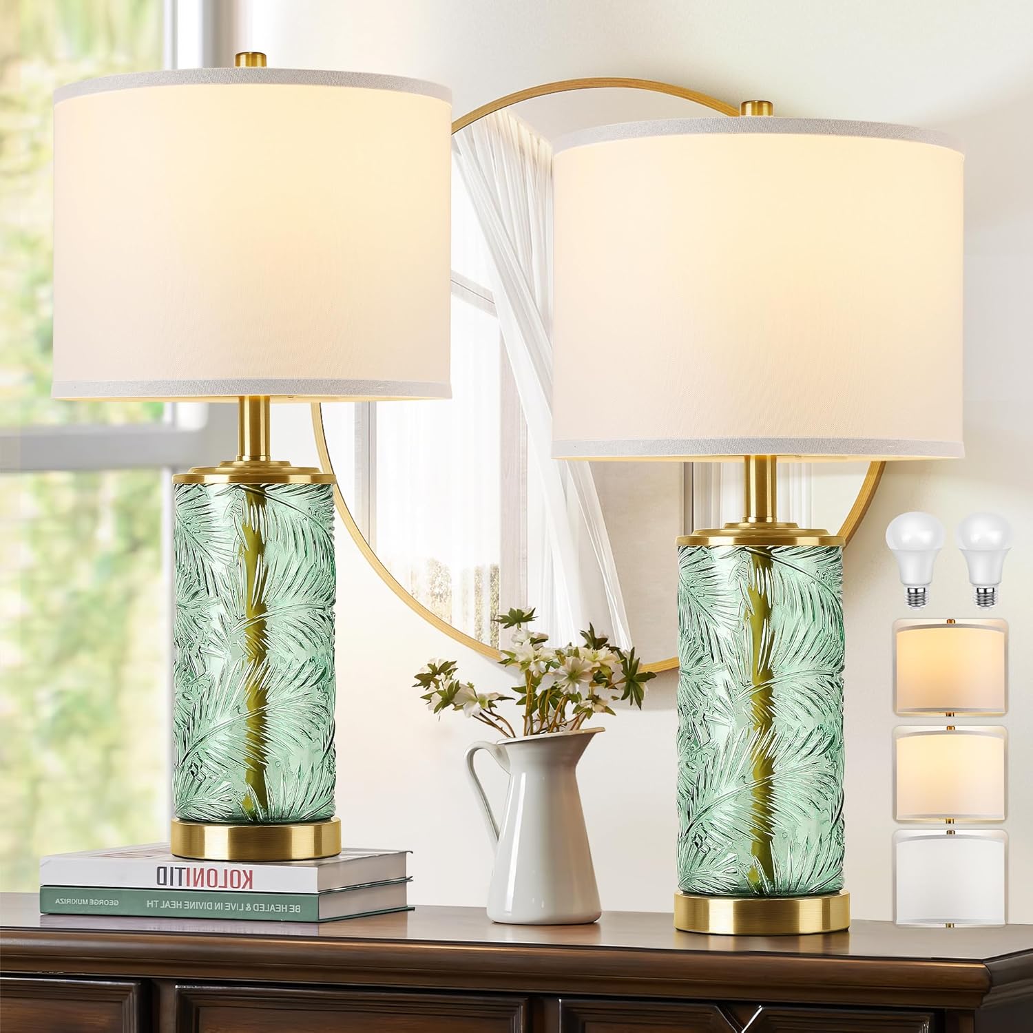 QiMH Glass Table Lamp Set of 2, Modern Gold Bedside Lamp with Stereo ...