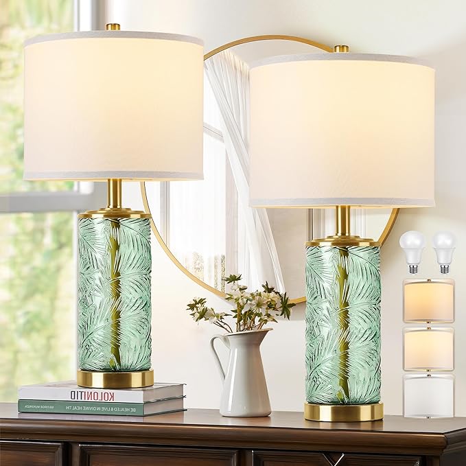 QiMH Glass Table Lamp Set of 2, Modern Gold Bedside Lamp for Living ...
