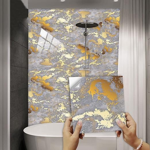 Stick on Tiles Golden Gray Marble Tile Stickers PVC Self Adhesive Wall ...