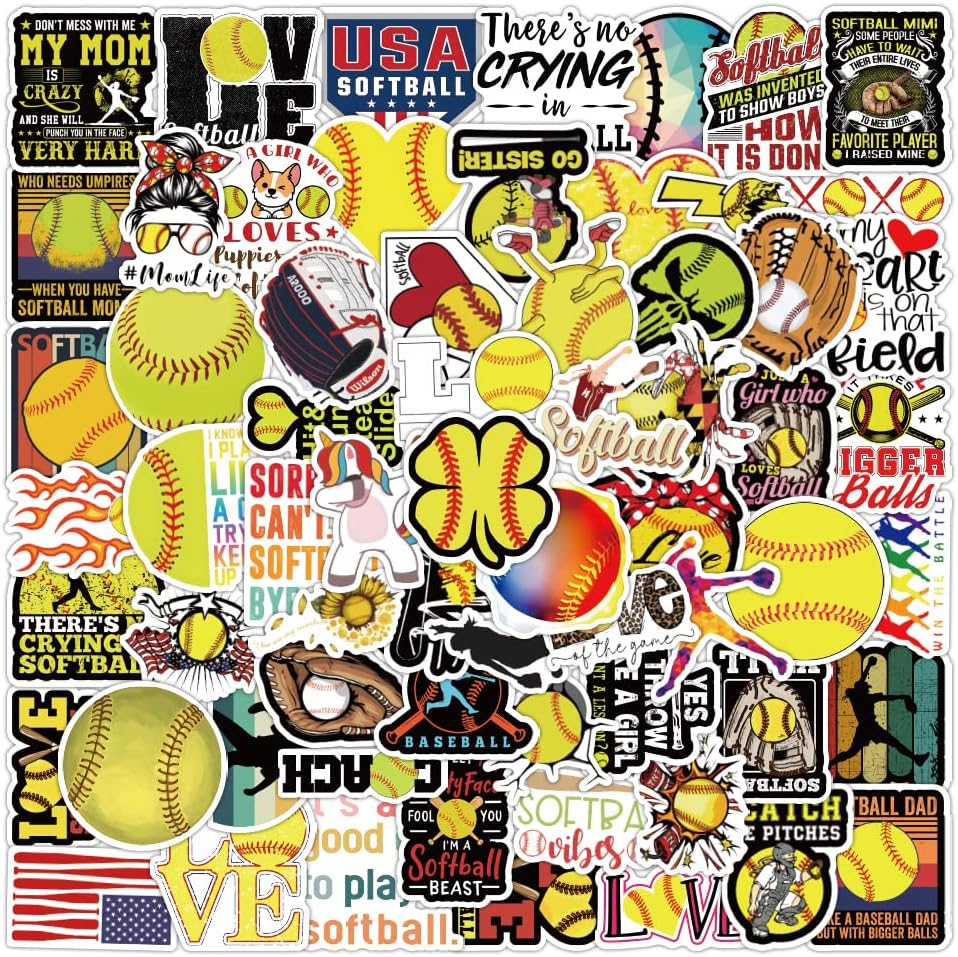 Amazon.com: 50PCS Softball Stickers,Water Bottle Laptop Car Decal ...