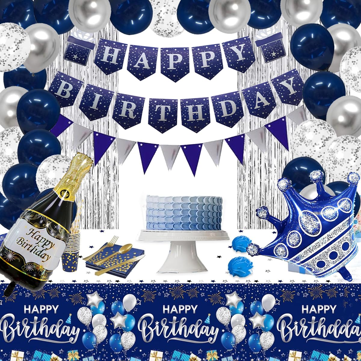 Snapklik.com : Navy Blue And Silver Happy Birthday Decorations Set For ...