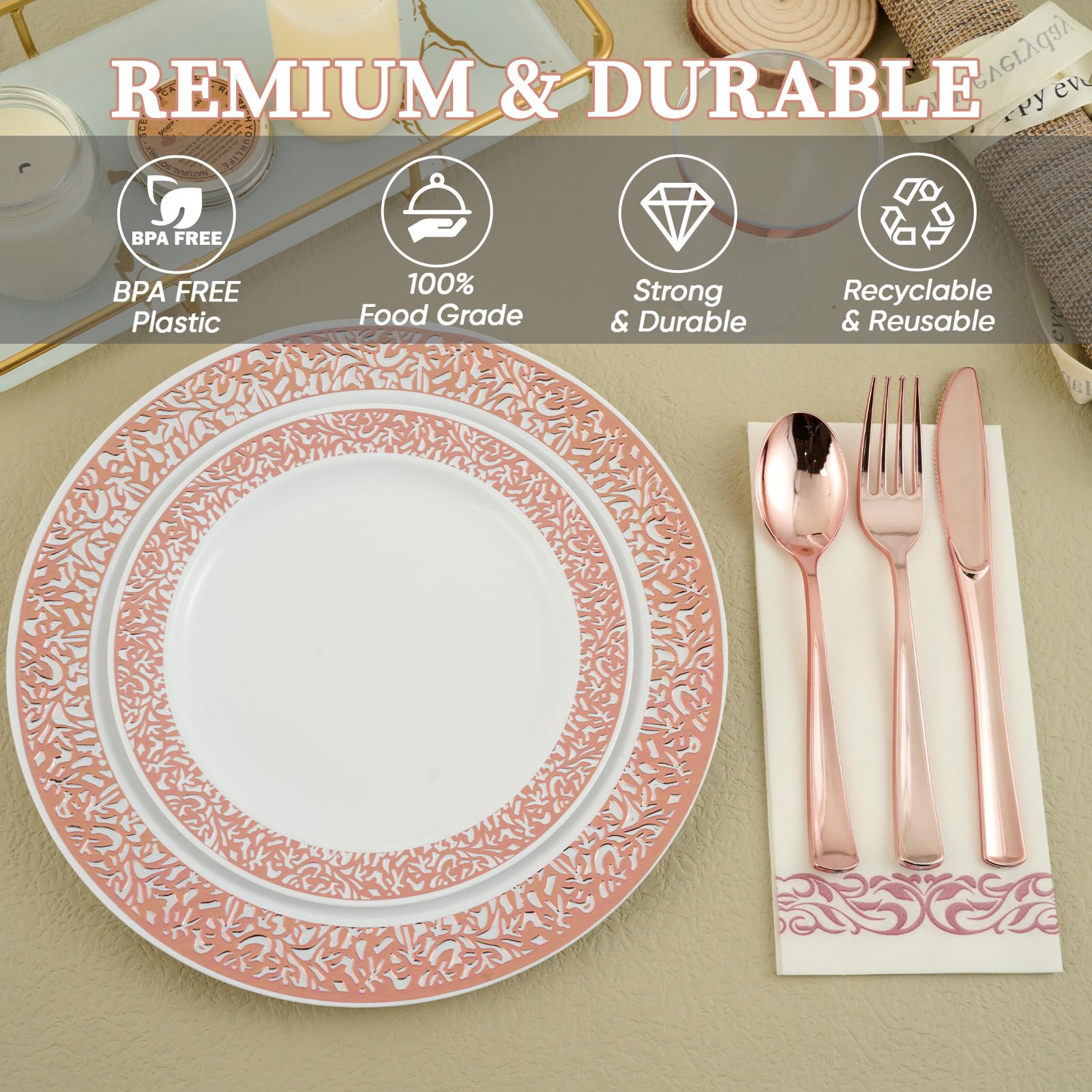 Snapklik.com : 350 Ct Rose Gold Dinnerware Set For 50 Guests, Rose Gold ...