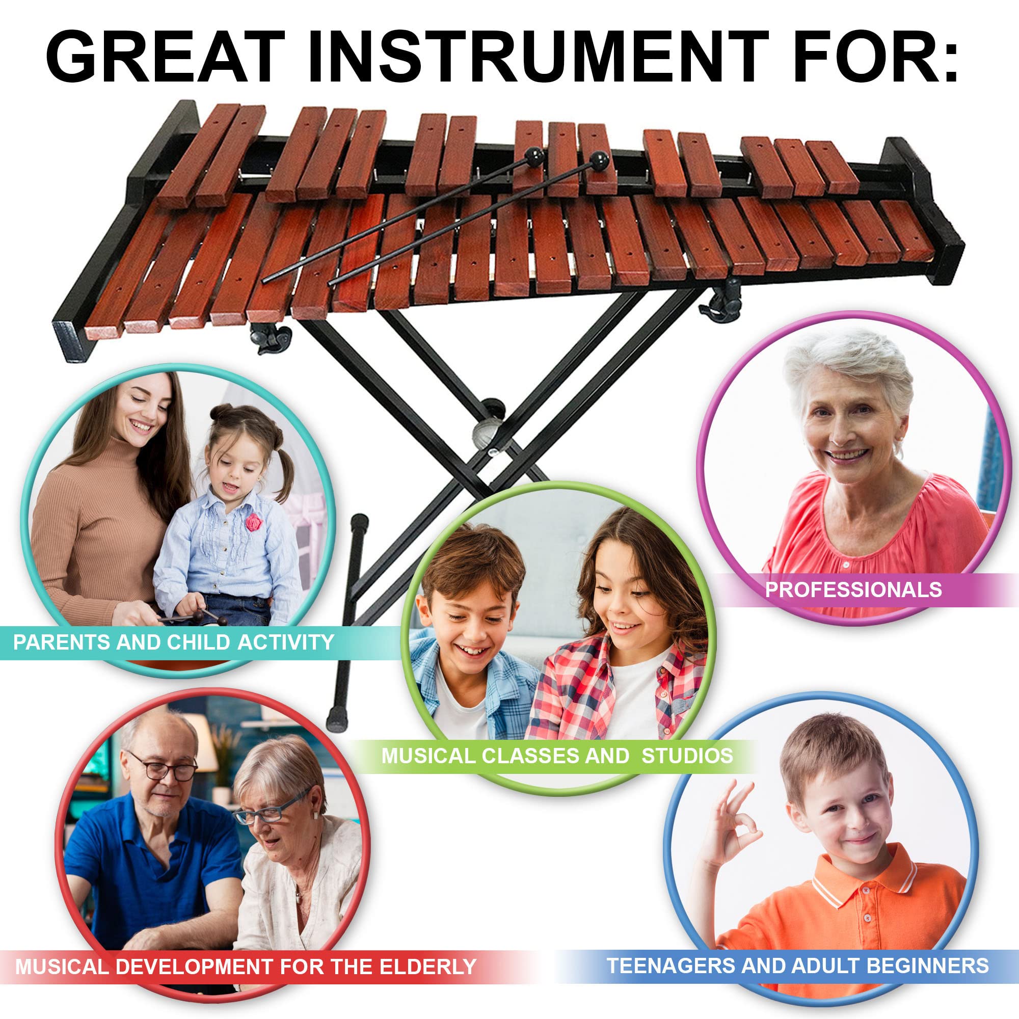 37 Key Professional Chromatic Xylophone with Mallets, Adjustable Stand ...