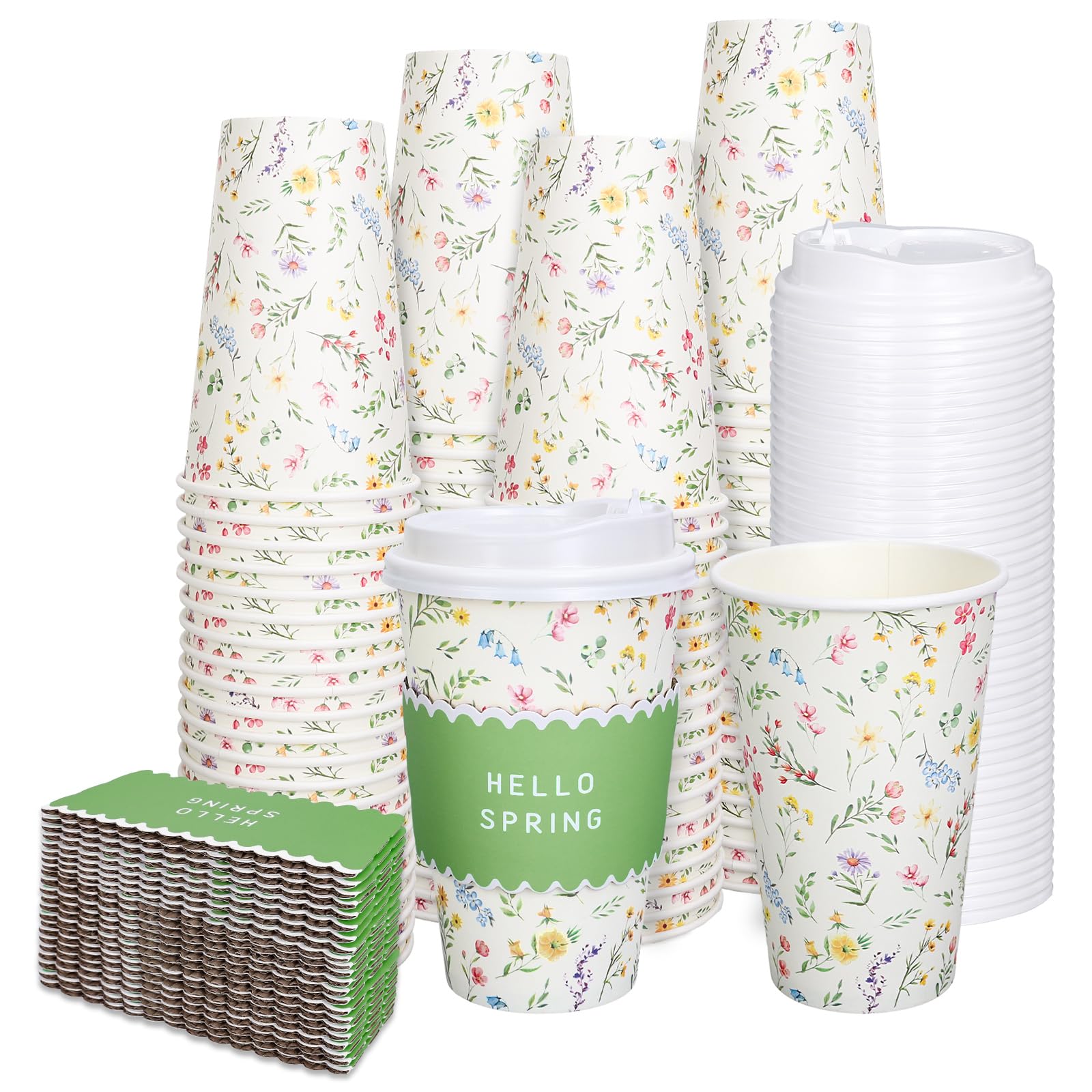 Amazon.com: Whaline 50Pcs Floral Disposable Paper Cups with Lids and ...