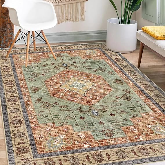 Amazon.com: Washable Boho Area Rug Red Rust Green Large Living Room 3'× ...