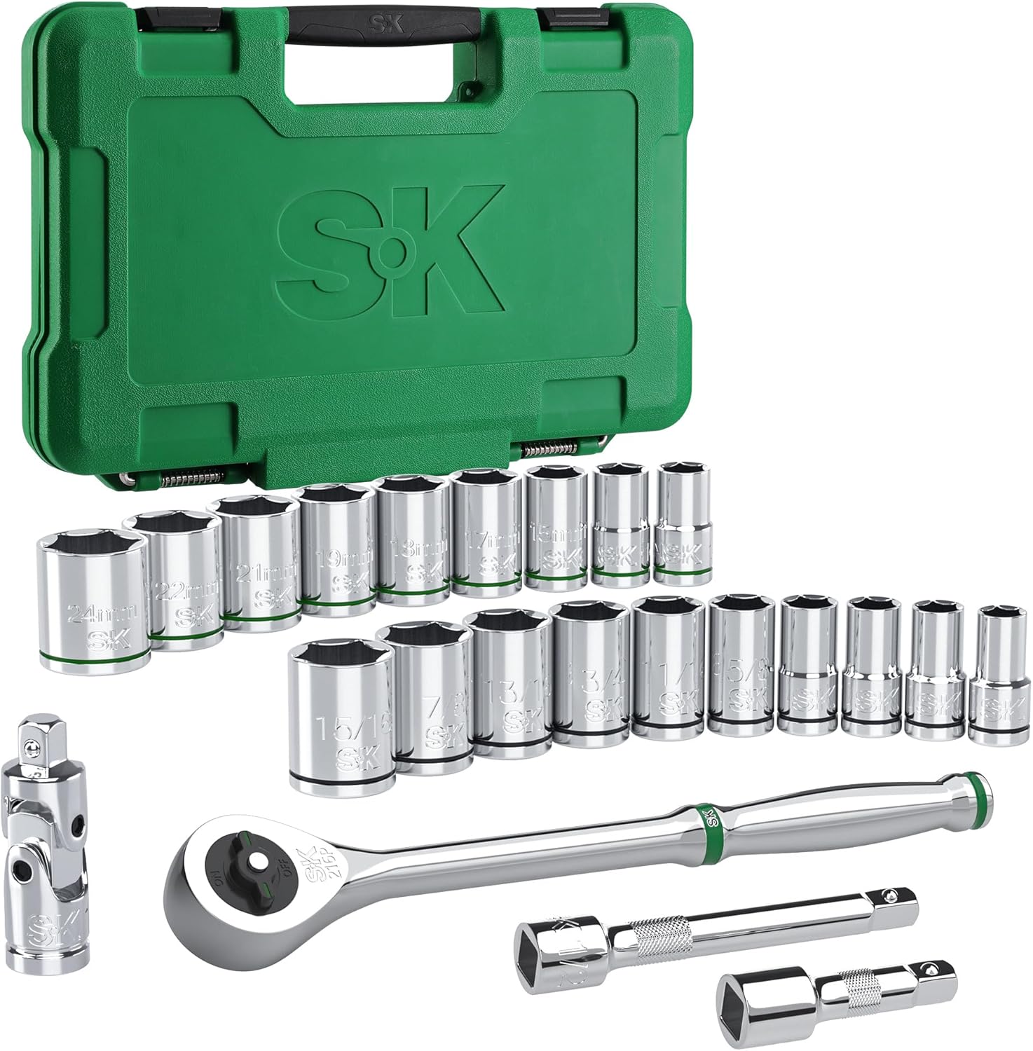Amazon.com: SK 1/2" Drive Socket Set with 216-P Quick-Release Ratchet, 23-Piece, SAE & Metric ...