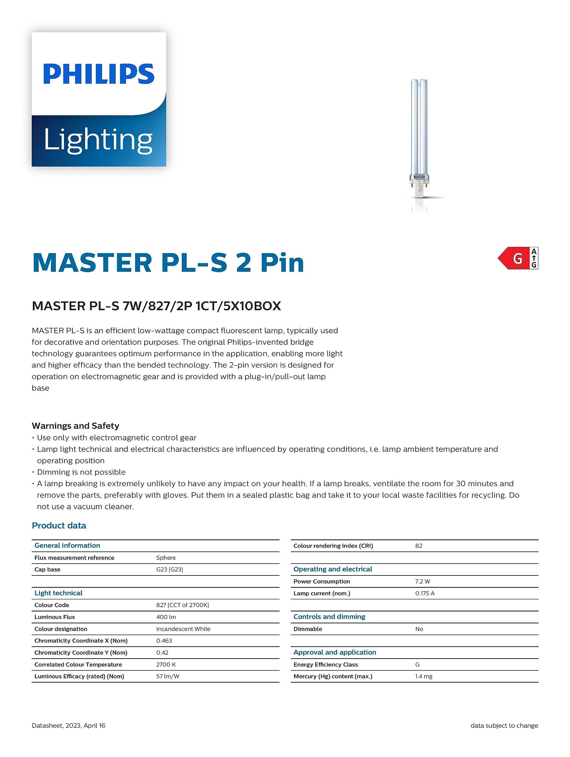 PHILIPS Lighting PL-S 7W/827/2P/ALTO Short Compact Fluorescent Lamp, 7 ...
