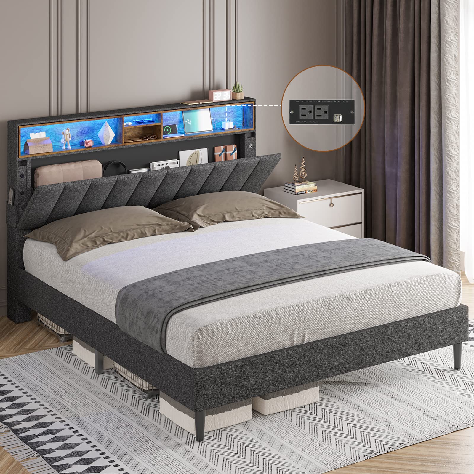 ADORNEVE Full Size LED Bed Frame With Outlet And USB Ports Platform