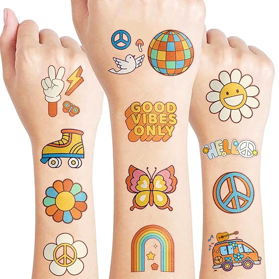 Amazon.com : 96PCS Groovy 70s Pre-Cut Temporary Tattoos - Retro Flower ...