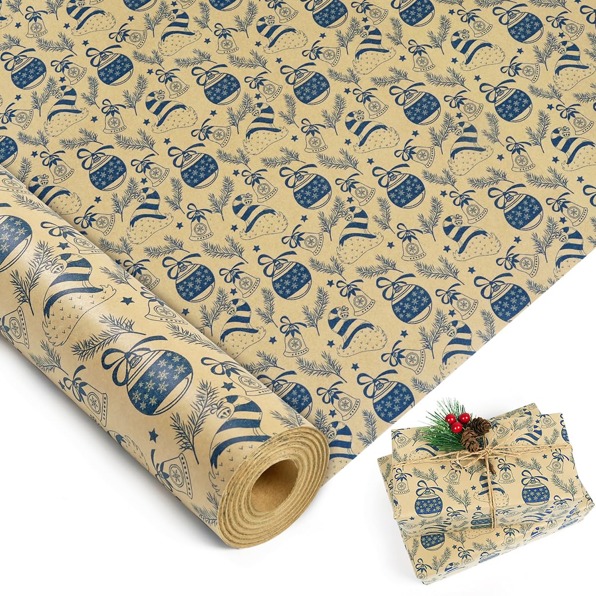 Amazon.com: Christmas Wrapping Paper Roll, Vintage Kraft Xmas Wrapping ...