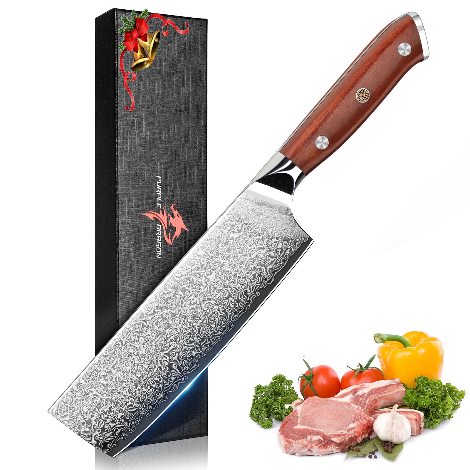 Amazon.com: Purple Dragon Damascus Nakiri Knife, 7 Inch Meat Cleaver ...