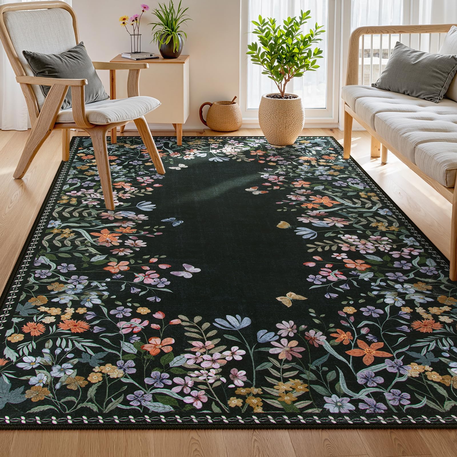 Amazon.com: Wonnitar Washable 5x7 Rug, Black Botanical Area Rugs for ...
