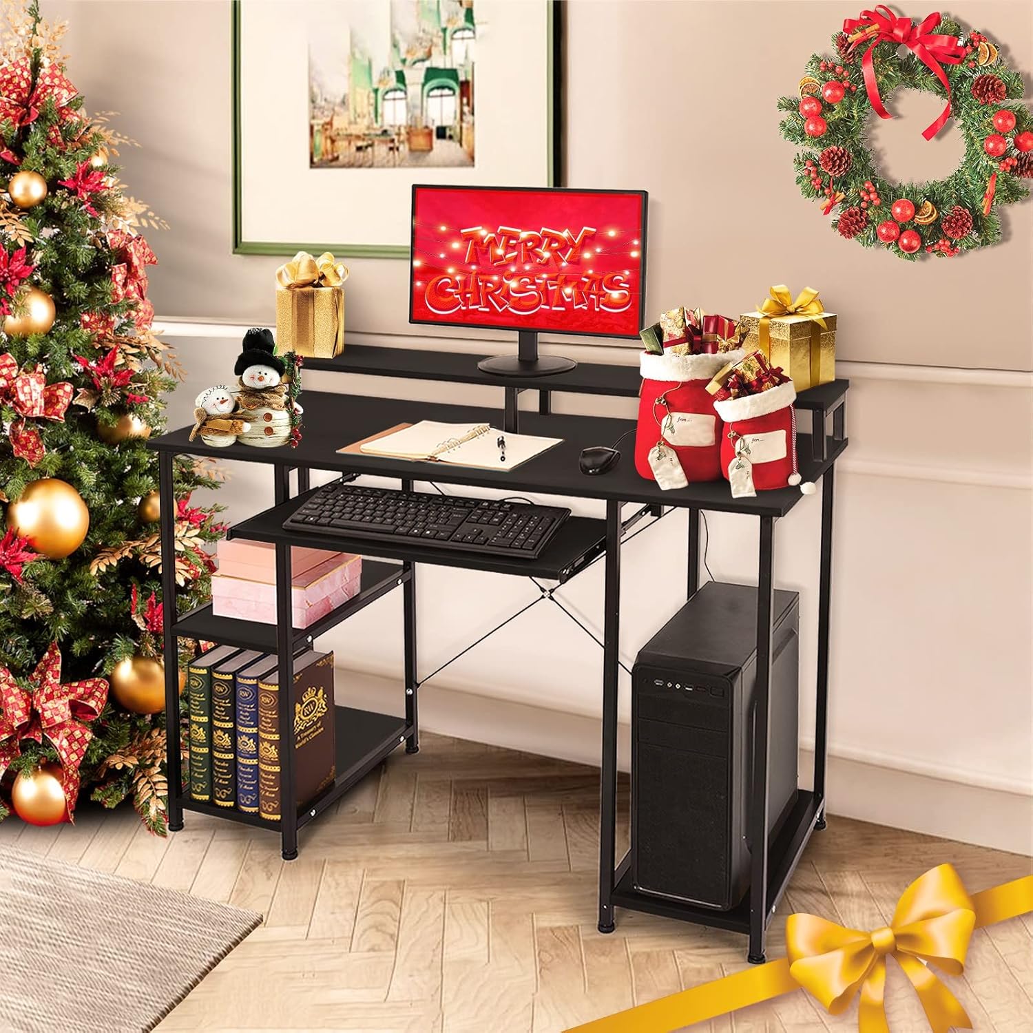 Amazon.com: Computer Desk with Monitor Stand Storage Shelves Keyboard ...