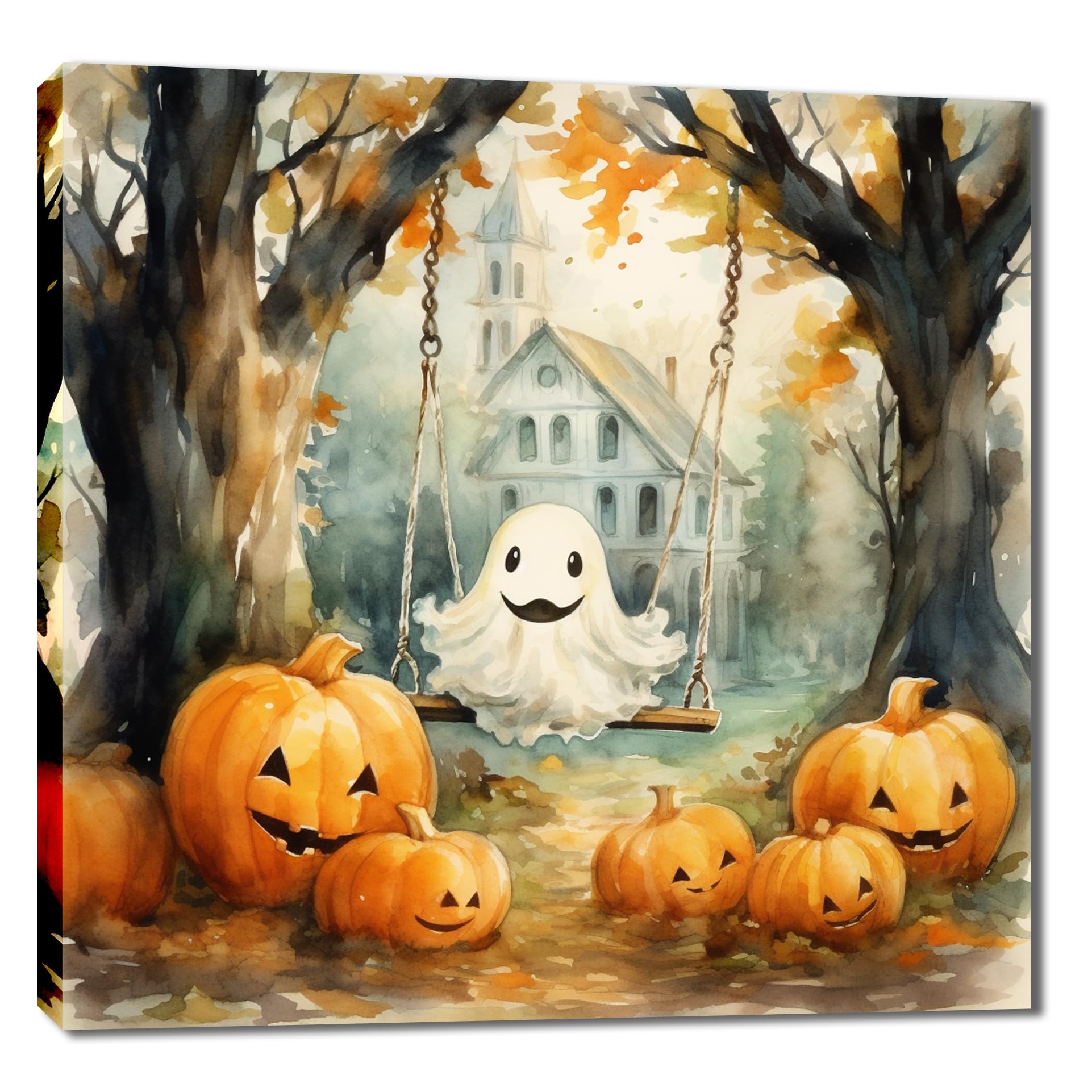 Swing Ghost Halloween Wall Decor - White Cute Smiling Ghost and Yellow ...