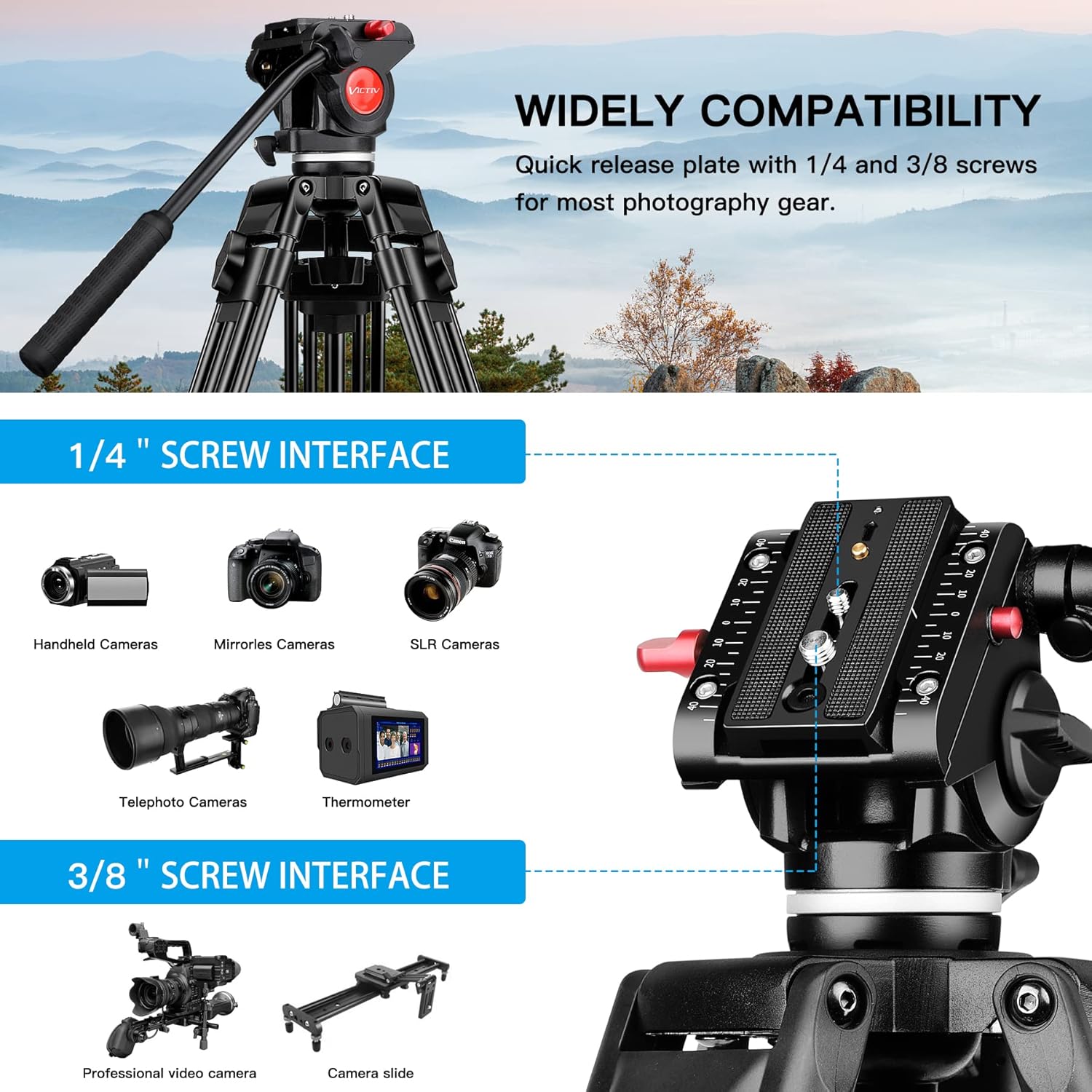 Trípode de video, trípode profesional resistente de 72 pulgadas con cabezal fluido de 360 grados ...