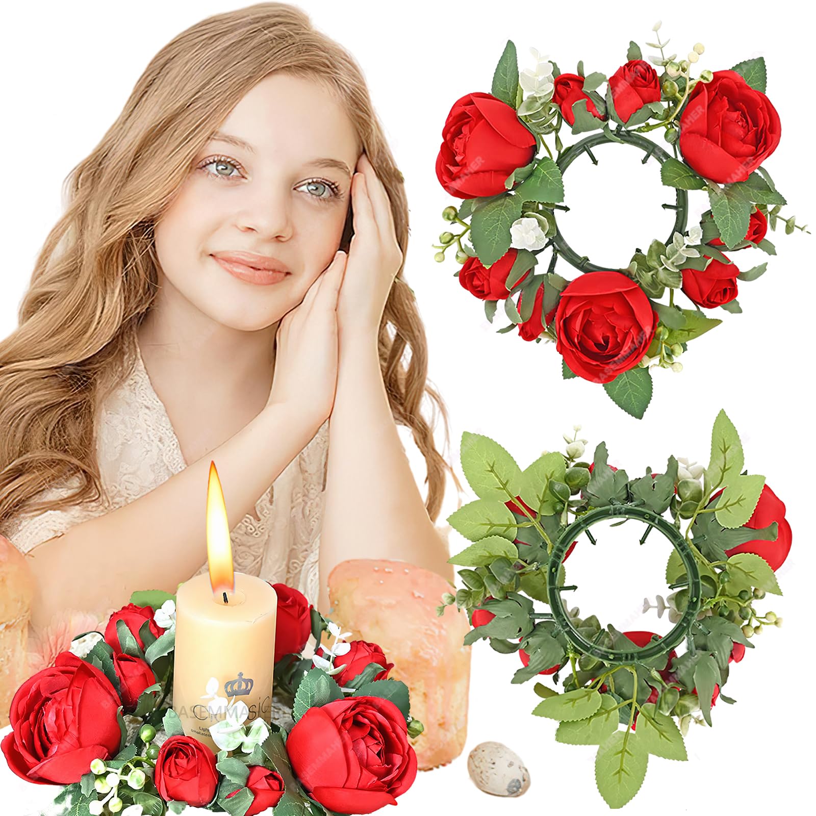 Amazon.com: BASEMMAHER Valentine's Day Red Rose Candle Rings Wreaths ...
