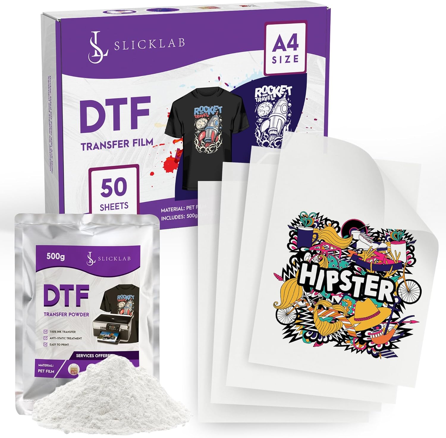 SlickLab A4 DTF Transfer Film and DTF Powder Bundle - 50 Sheets and 500g DTF Transfer Powder - 8 ...
