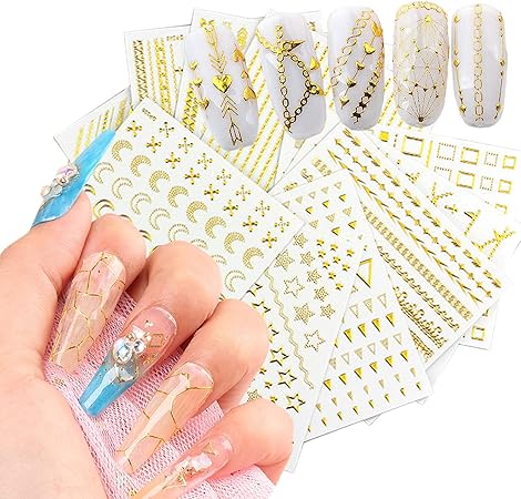 Amazon.com: Gold Nail Art Stickers, Metallic Chains Line Triangle Heart ...