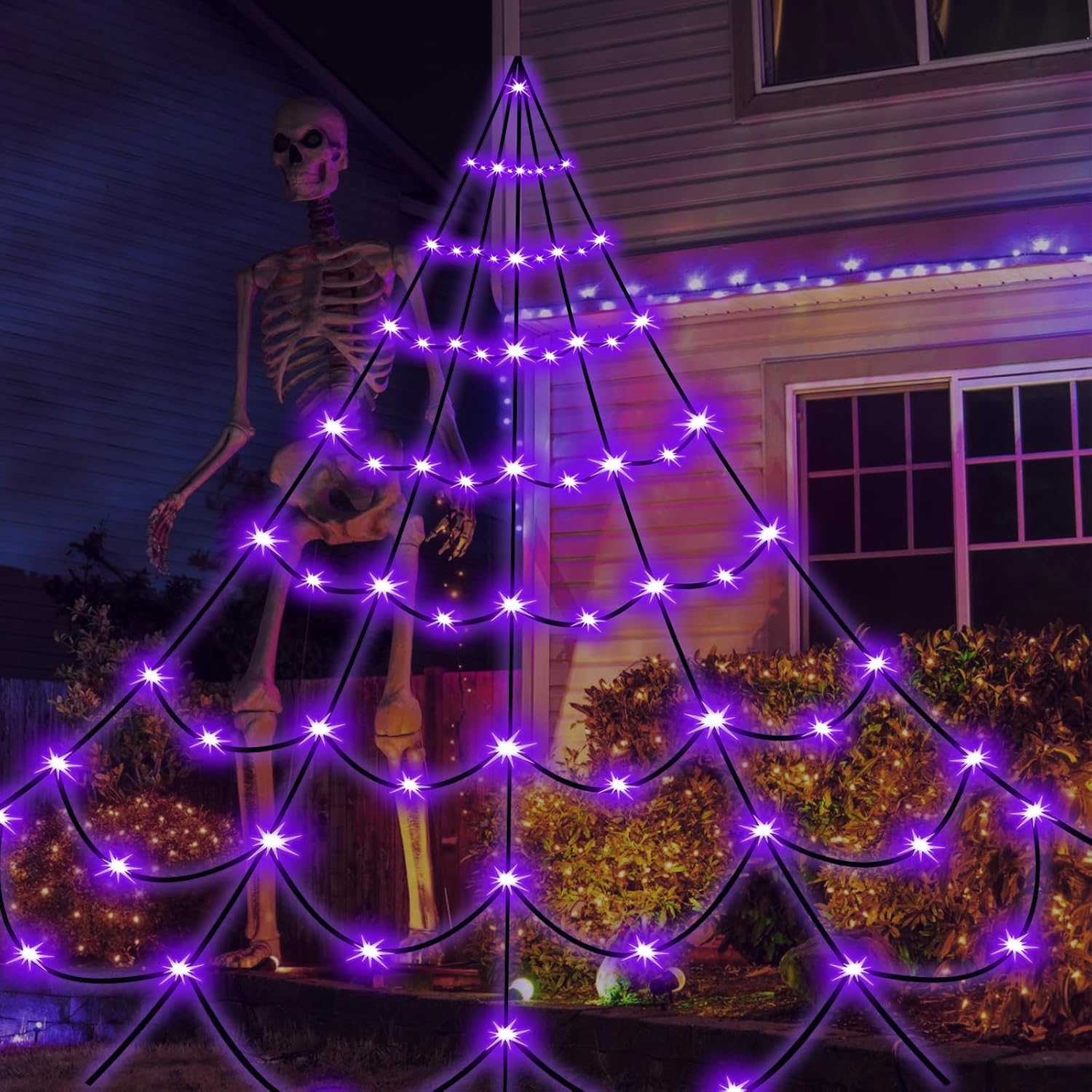 Amazon.com: Yumhum 250 LED Purple Halloween Spider Web Lights Outdoor ...