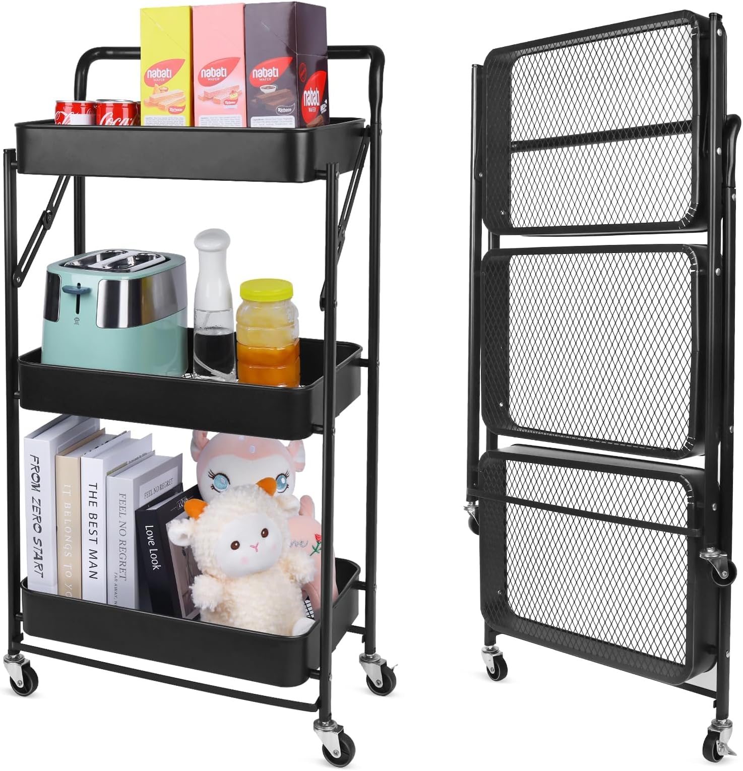 Amazon.com: 3 Tier Foldable Rolling Cart, Metal Utility Cart with ...