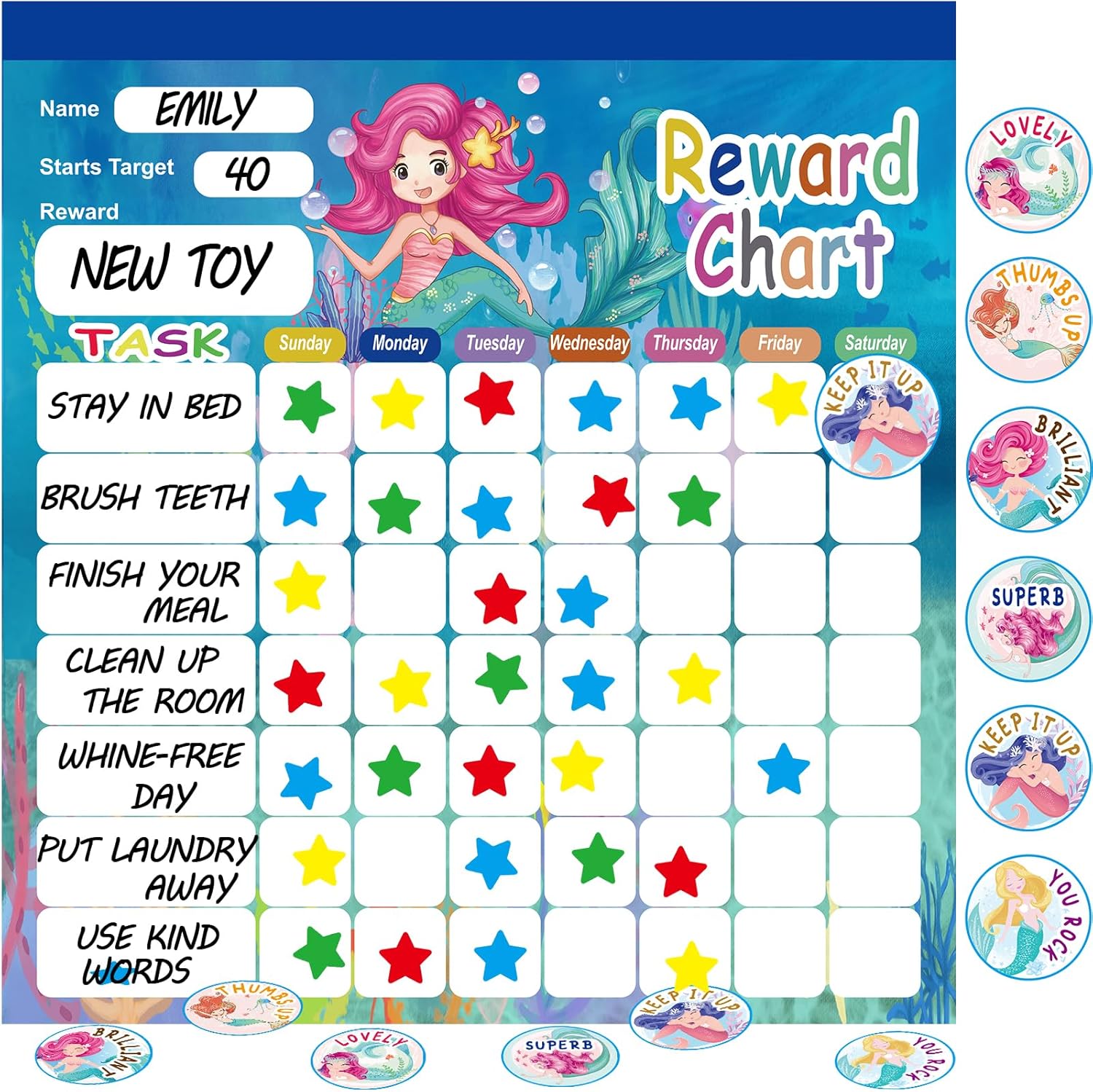 isoymoy Reward Chart for Kids System – Mermaid Theme Pad with 26 Chore ...