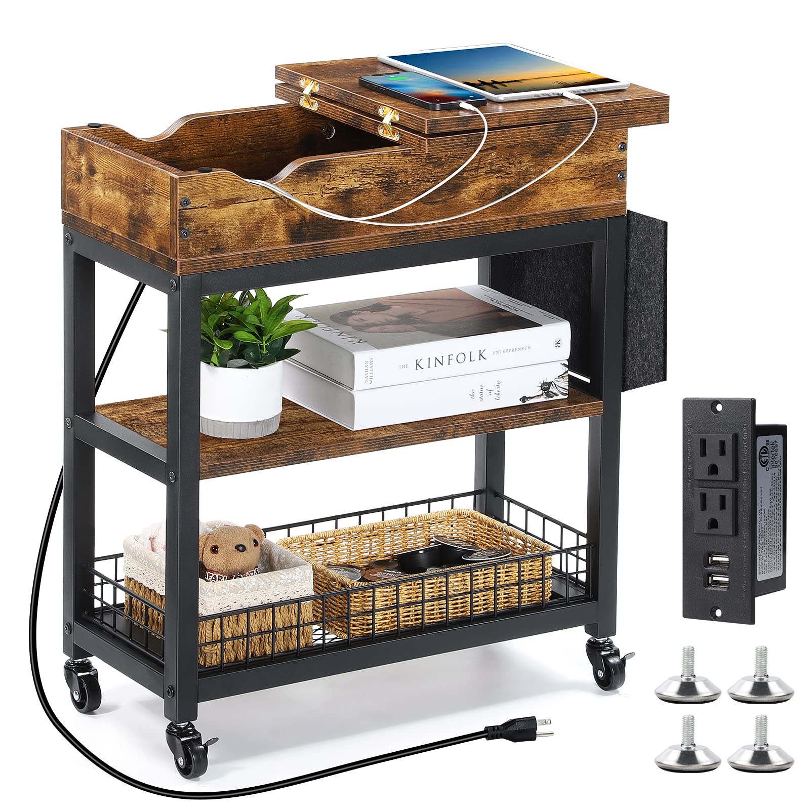 Amazon.com: End Table with Charging Station, 3 Tier Narrow Flip Top End ...