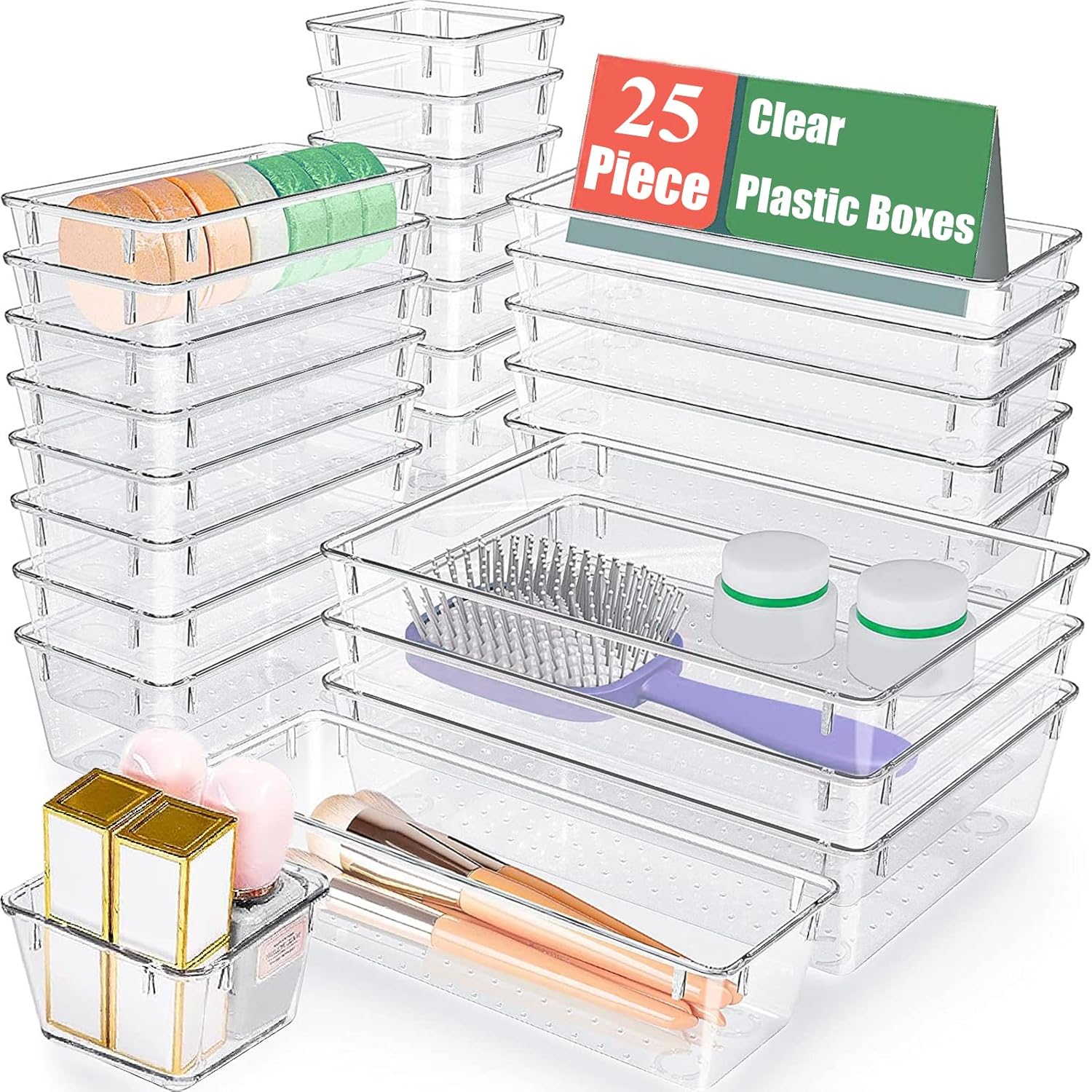 UKBAOZHEN 25 Pcs Clear Drawer Organisers Set,4 Sizes of Desk Drawer ...