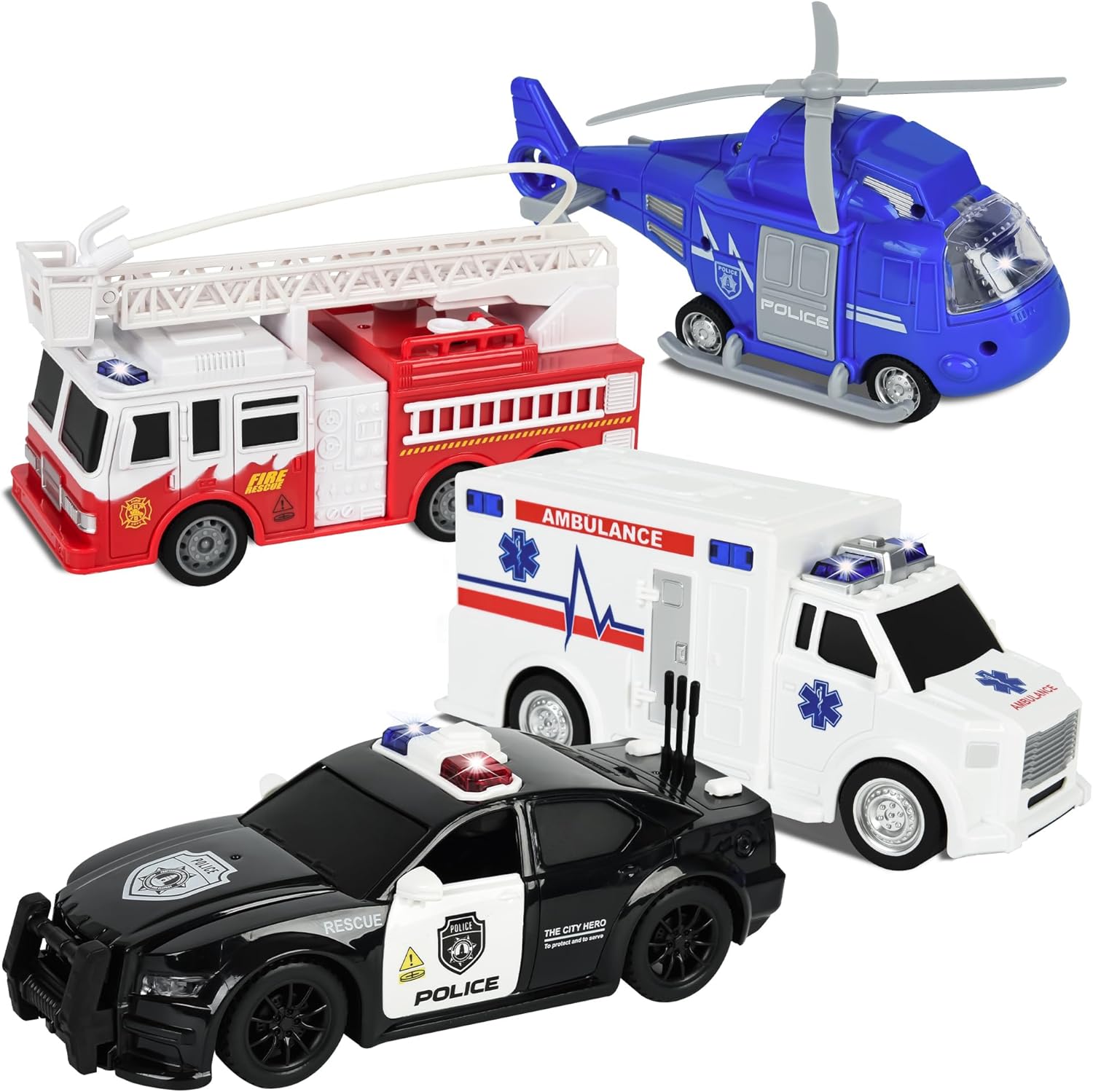 GIGITIGER 4 Packs Emergency Vehicle Toy Playsets for Kids Toddlers, Toy ...