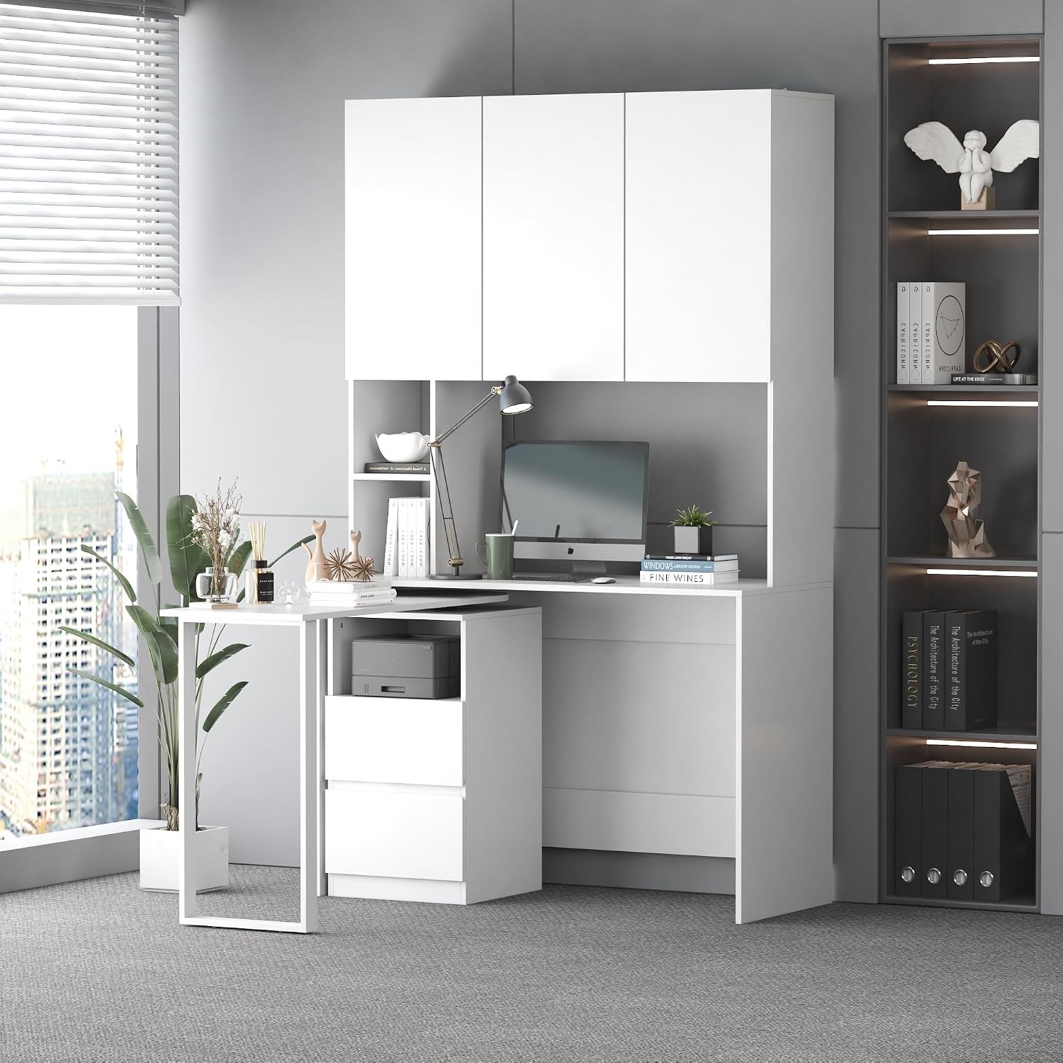 Amazon.com: Hitow Reversible Desk with Hutch Cabinet Set, 2-Piece ...