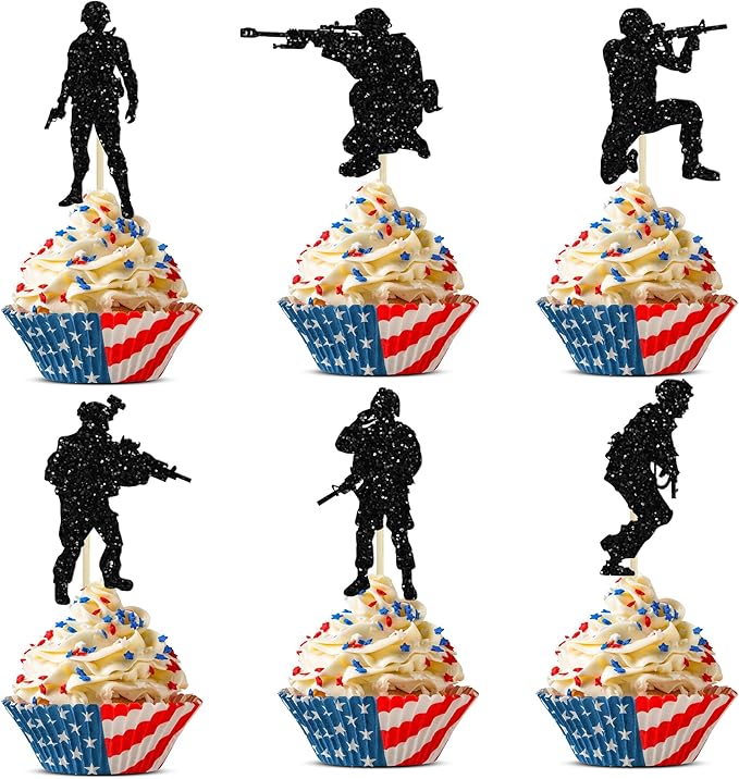 Amazon.com: Gyufise 24Pcs Military Soldier Cupcake Toppers Glitter ...