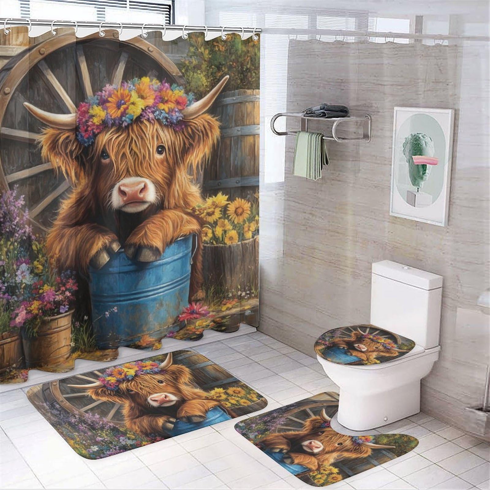 Amazon.com: Dunmat Modern Highland Cow Shower Curtains with Rugs Toilet ...