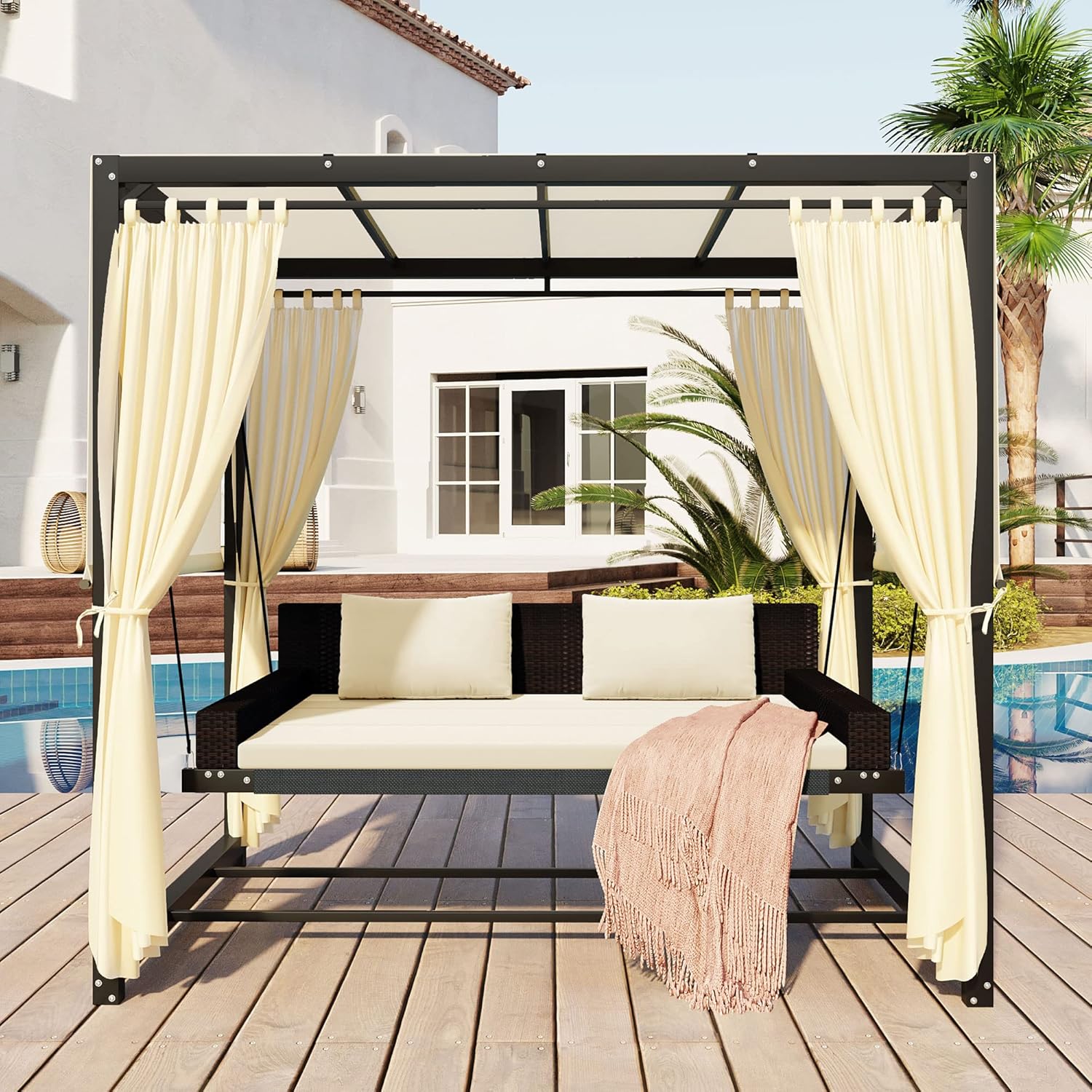 Amazon.com: Polibi Outdoor Swing Bed, Rattan Wicker Swing Sofa Bed with ...