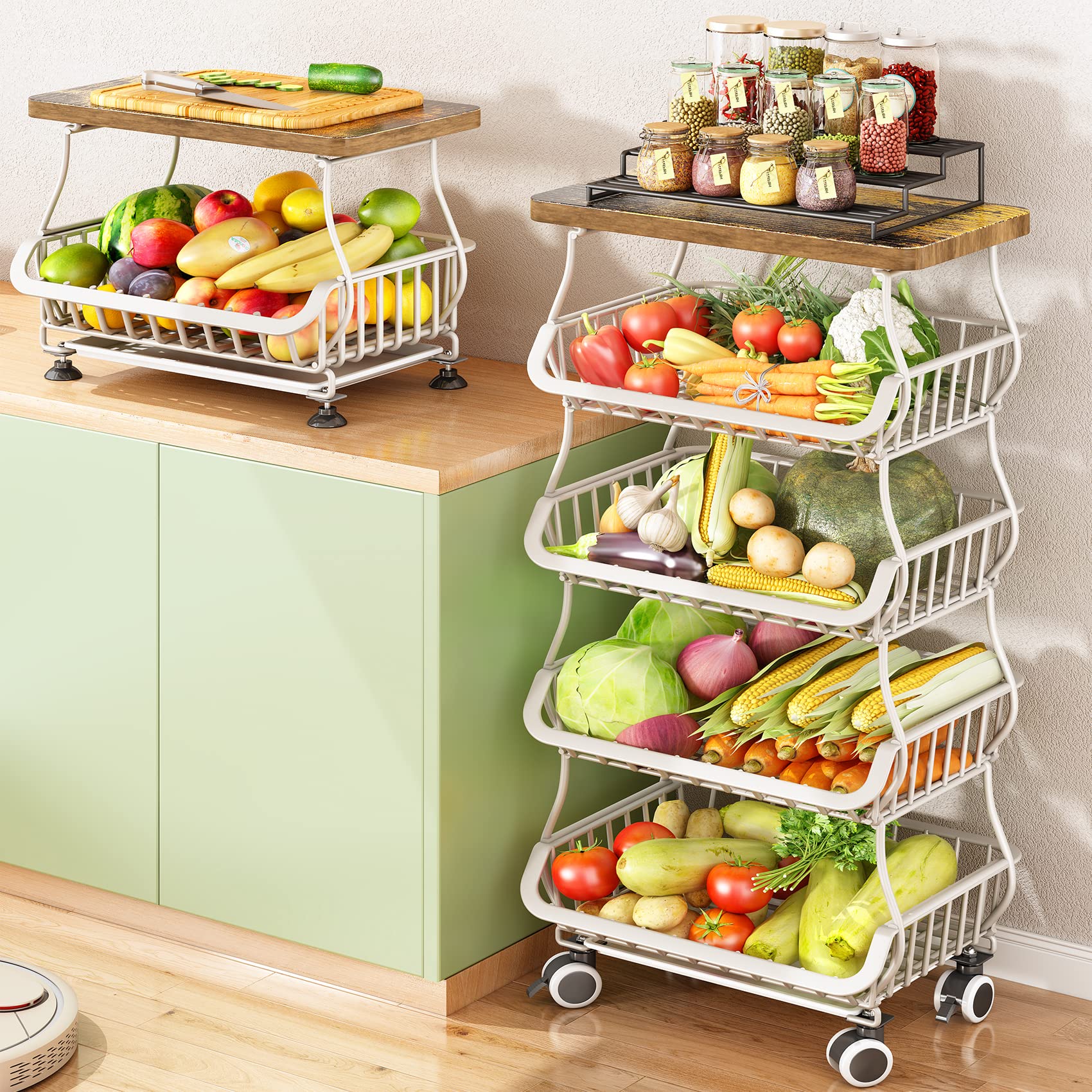 SAYZH Fruit Basket for Kitchen with Wood Top 5 Tier, Stackable Fruit ...