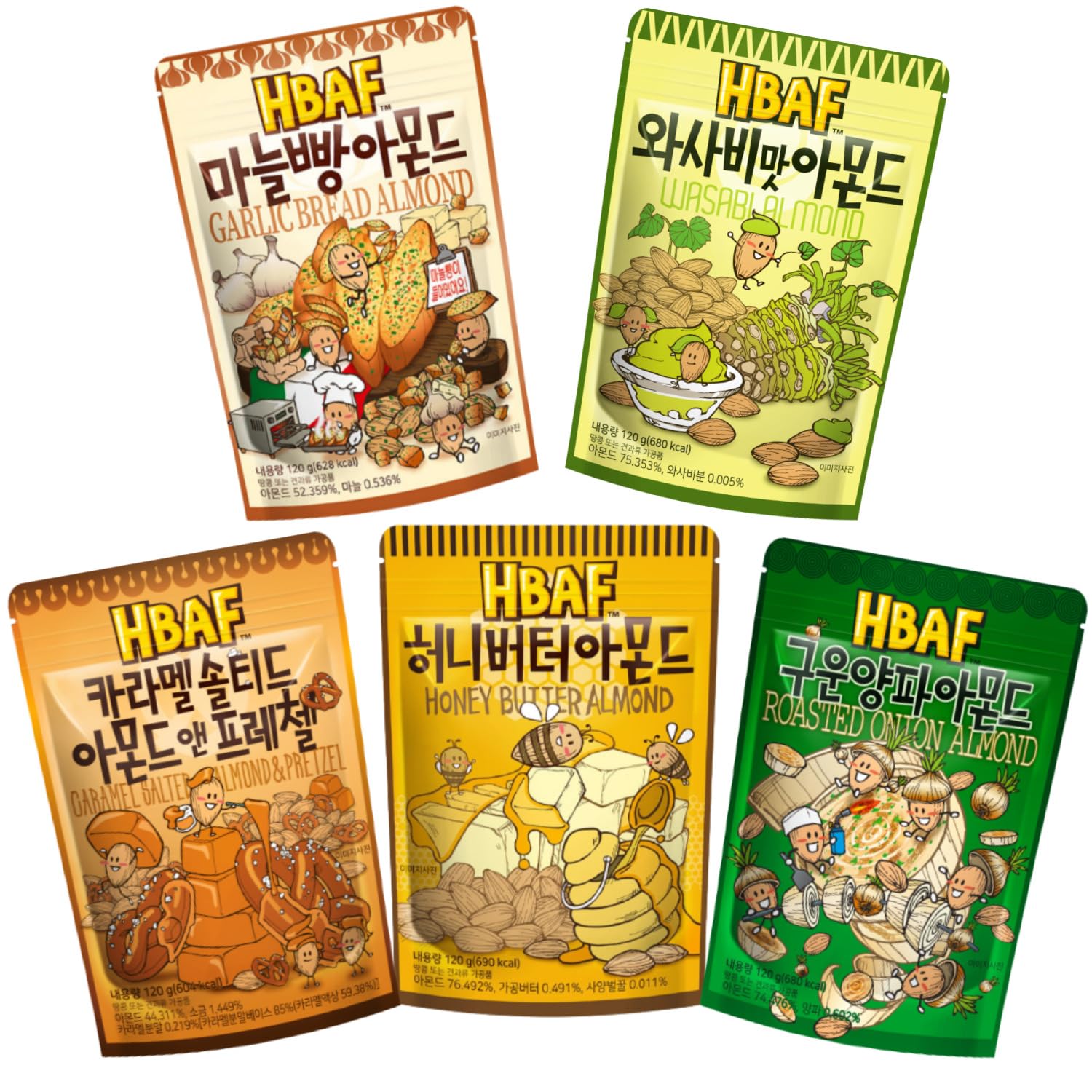 Amazon.com : [Official Gilim HBAF] 5 Flavors Almonds Wasabi 120g, Honey Butter 120g, Caramel ...