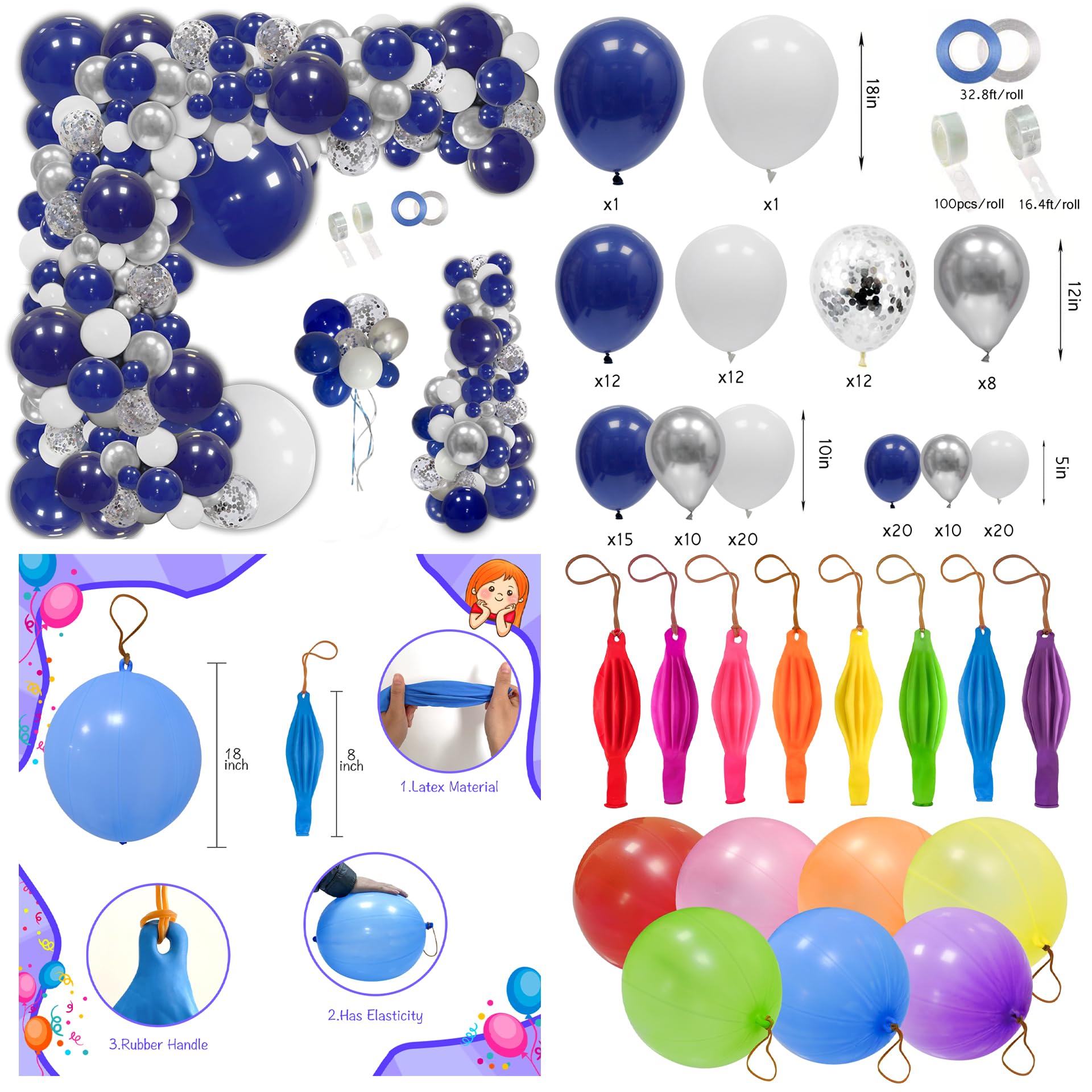 Amazon.com: JULLIZ 48pcs Punch Balloons and 148pcs Navy Blue Silver ...