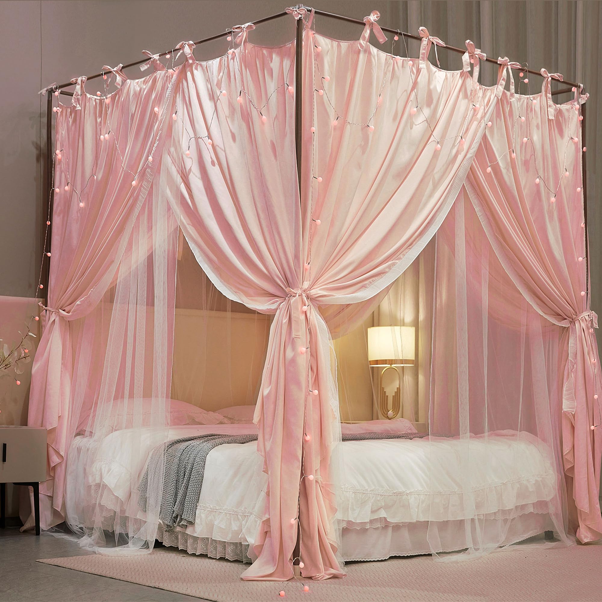 4 Corners Post Princess Curtain Bed Canopy Double Layer Cozy Mosquito ...