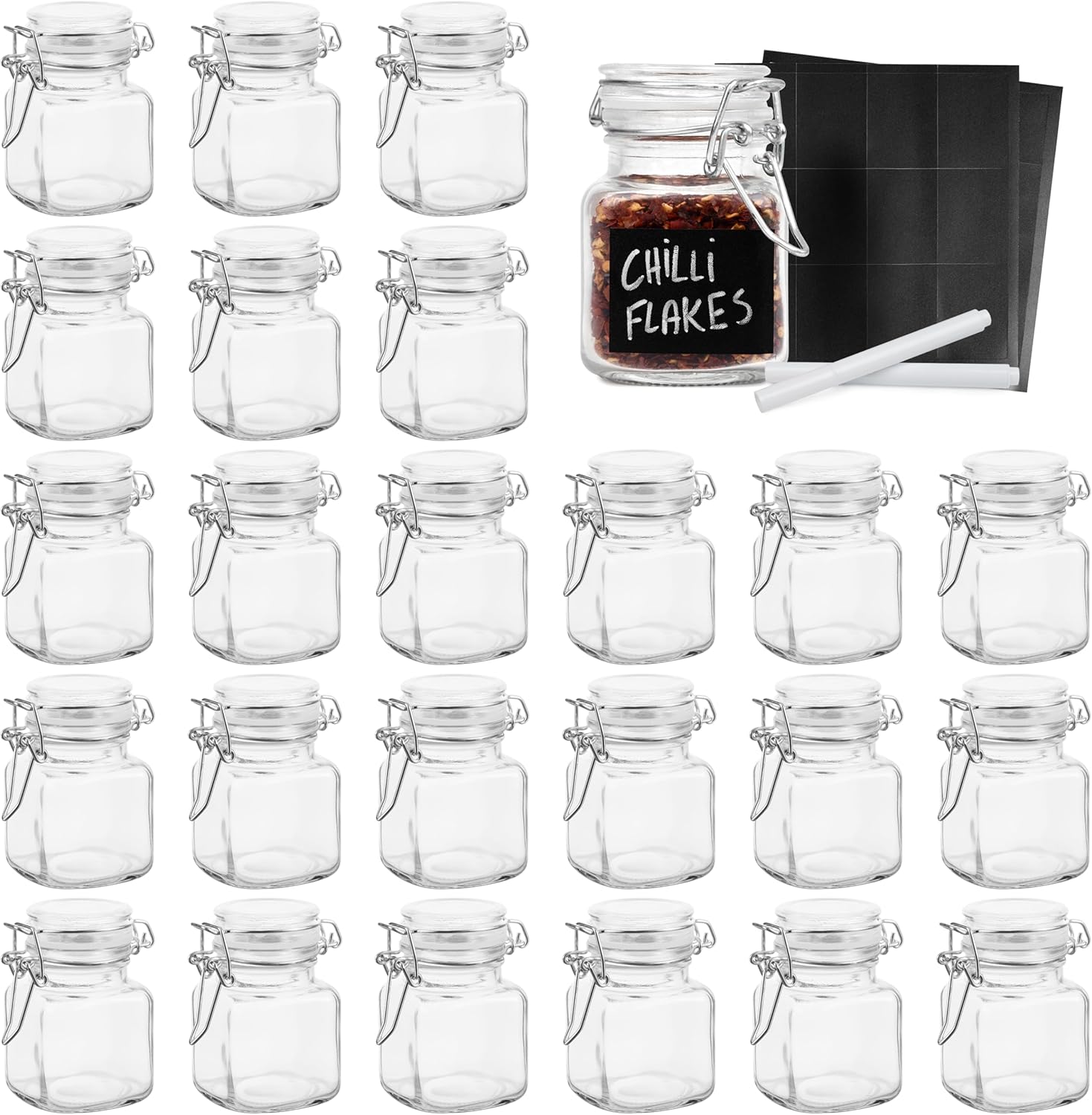 Oak & Steel 24 Mini Airtight Glass Spice Jars with Lids, 48 Labels ...