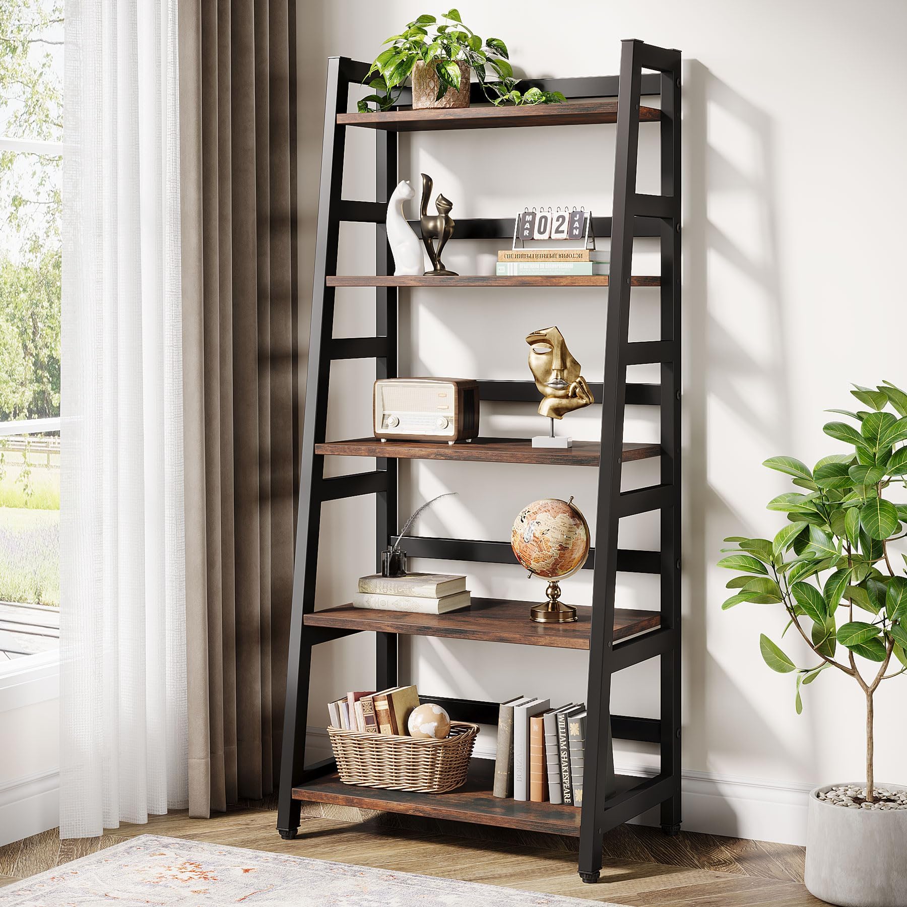 Amazon.com: BON AUGURE Farmhouse Ladder Shelf Bookcase, 4 Tier Rustic ...