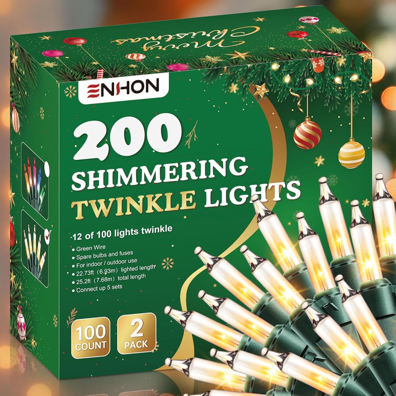 Amazon.com: Enhon 2 Pack Twinkle Christmas Lights, 50.4 FT 24 of 200 ...