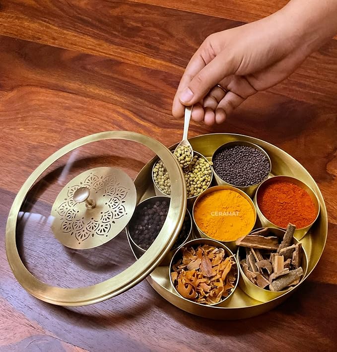 Buy ceramat 8 Inch Diameter Premium Brass Masala Box For Kitchen With ...