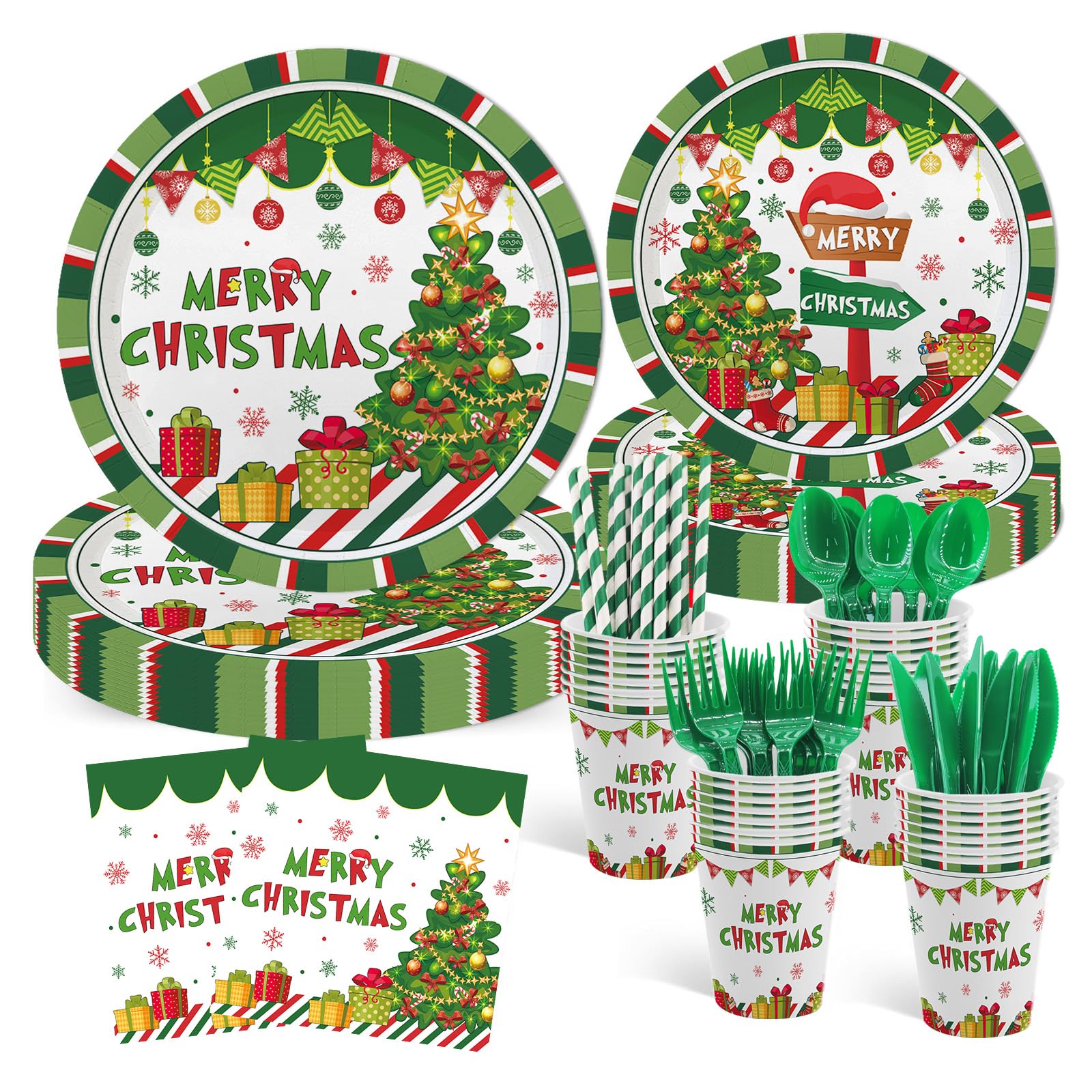 Amazon.com: MEHOFOND 192Pcs Merry Christmas Plates and Napkins, Green ...