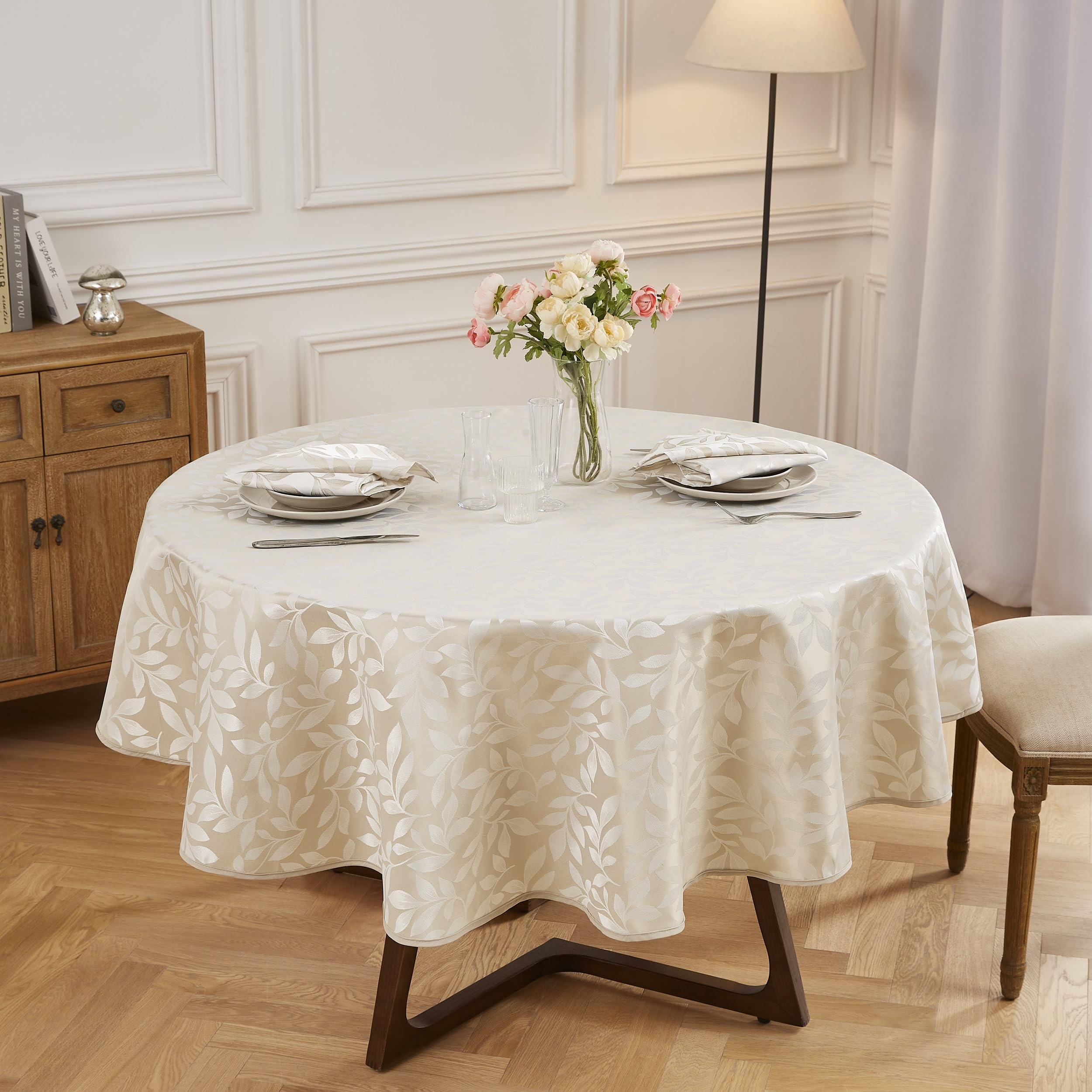 Amazon.com: LinenZone Elegant Round Leaf Tablecloth. Each 90 Inch Round ...