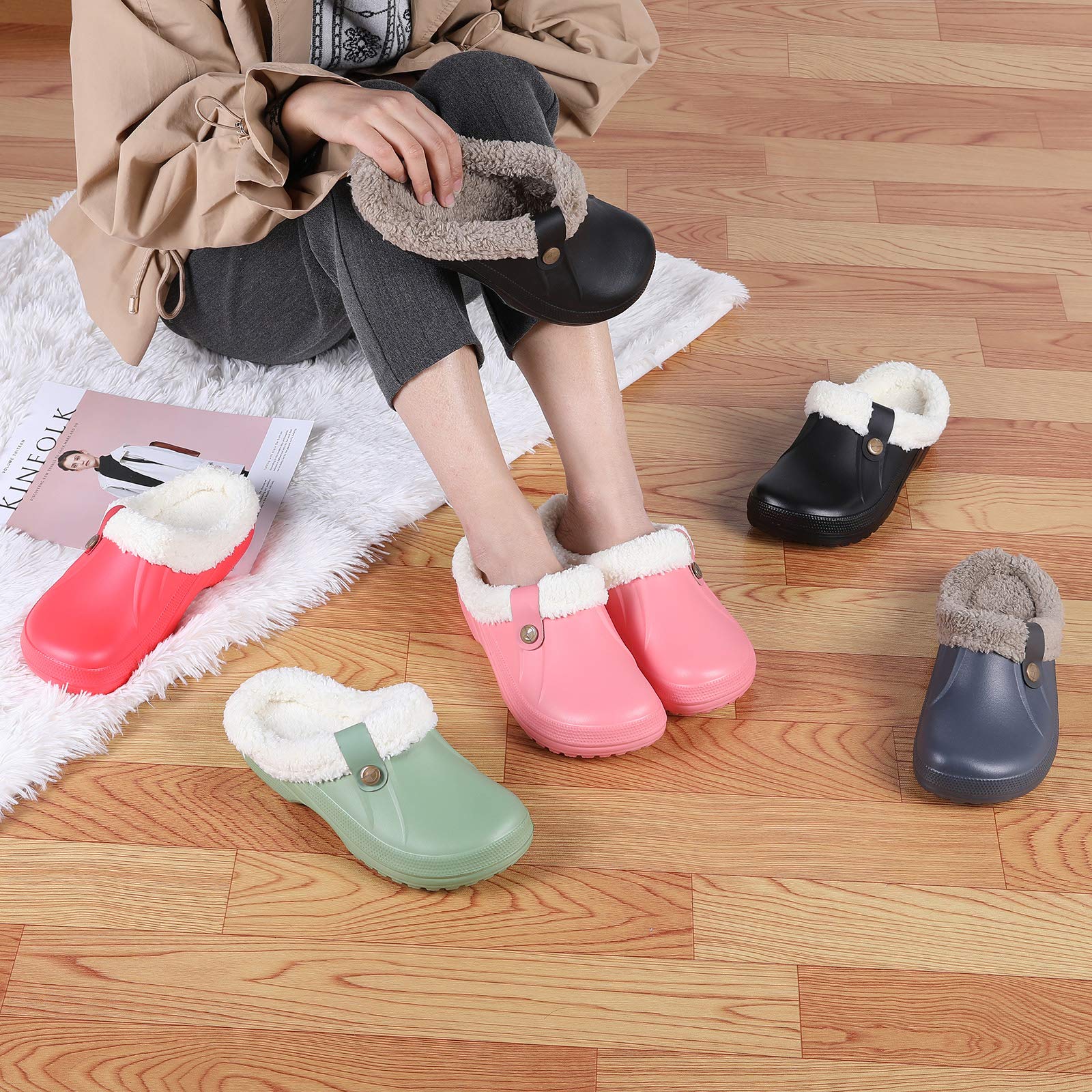 Classic Fur Lined Clog Waterproof Winter House Slippers for Women Men ...