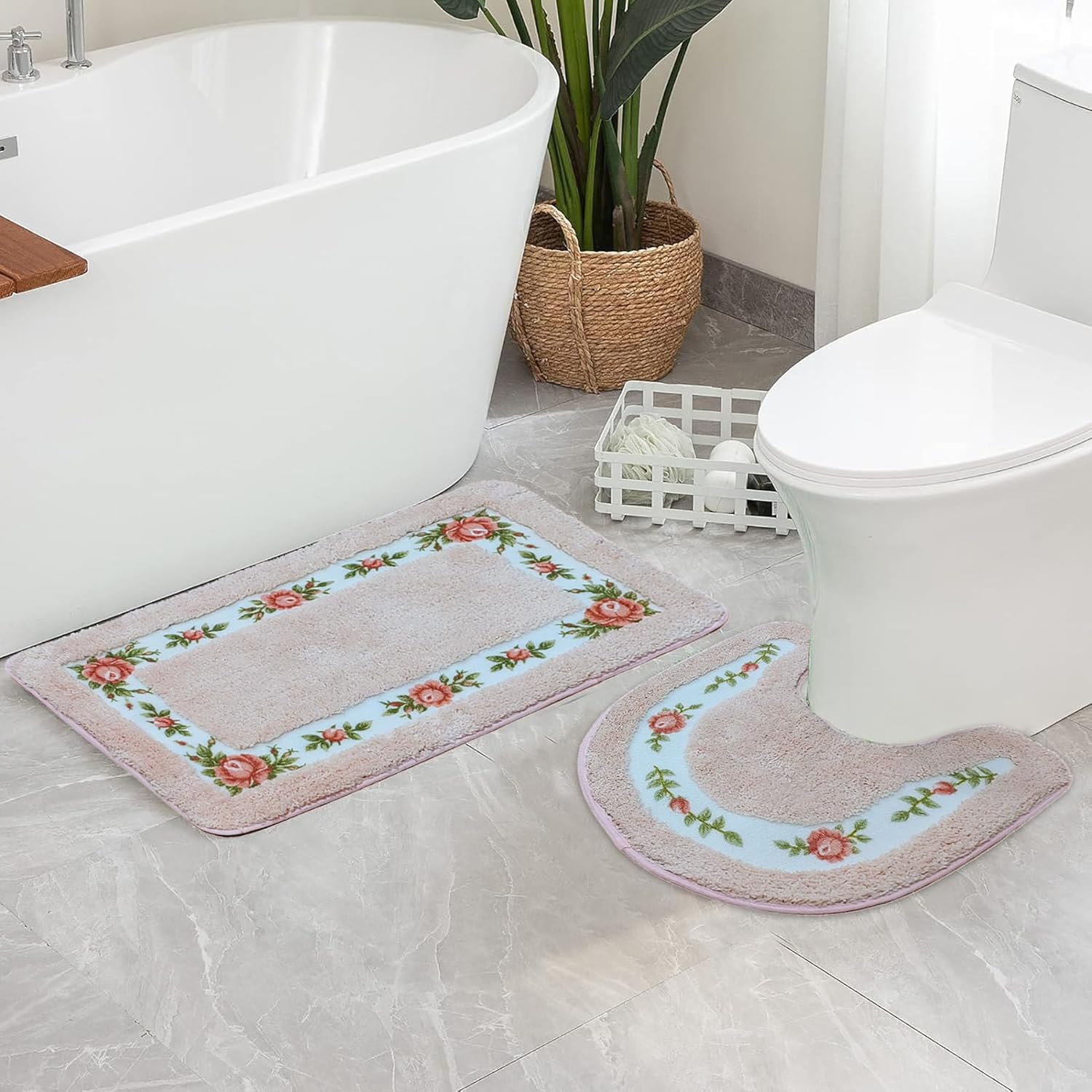 Amazon.com: Apioiqa Rose Bathroom Rug Sets - Floral Rose Bath Mat Set ...