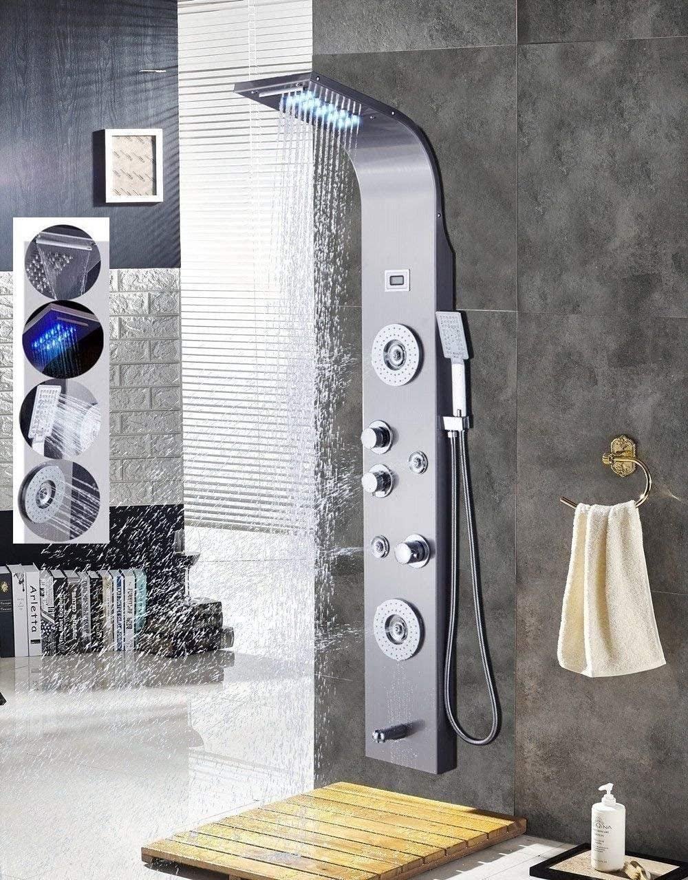 Shower system LED shower panel made of stainless steel with temperature ...
