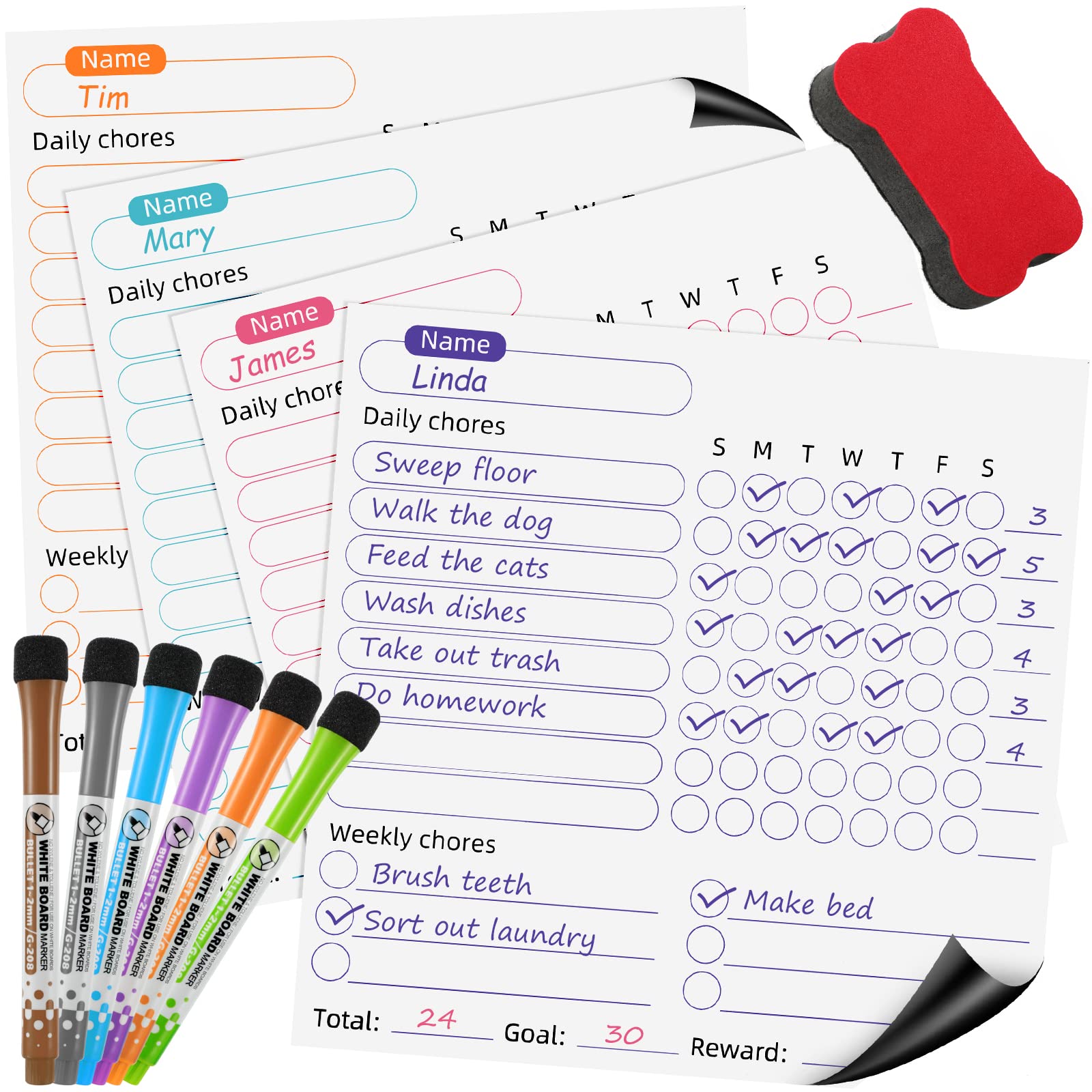 Magnetic Chore Chart for Kids, 4 Pcs Dry Erase Behavior Charts and 6 ...