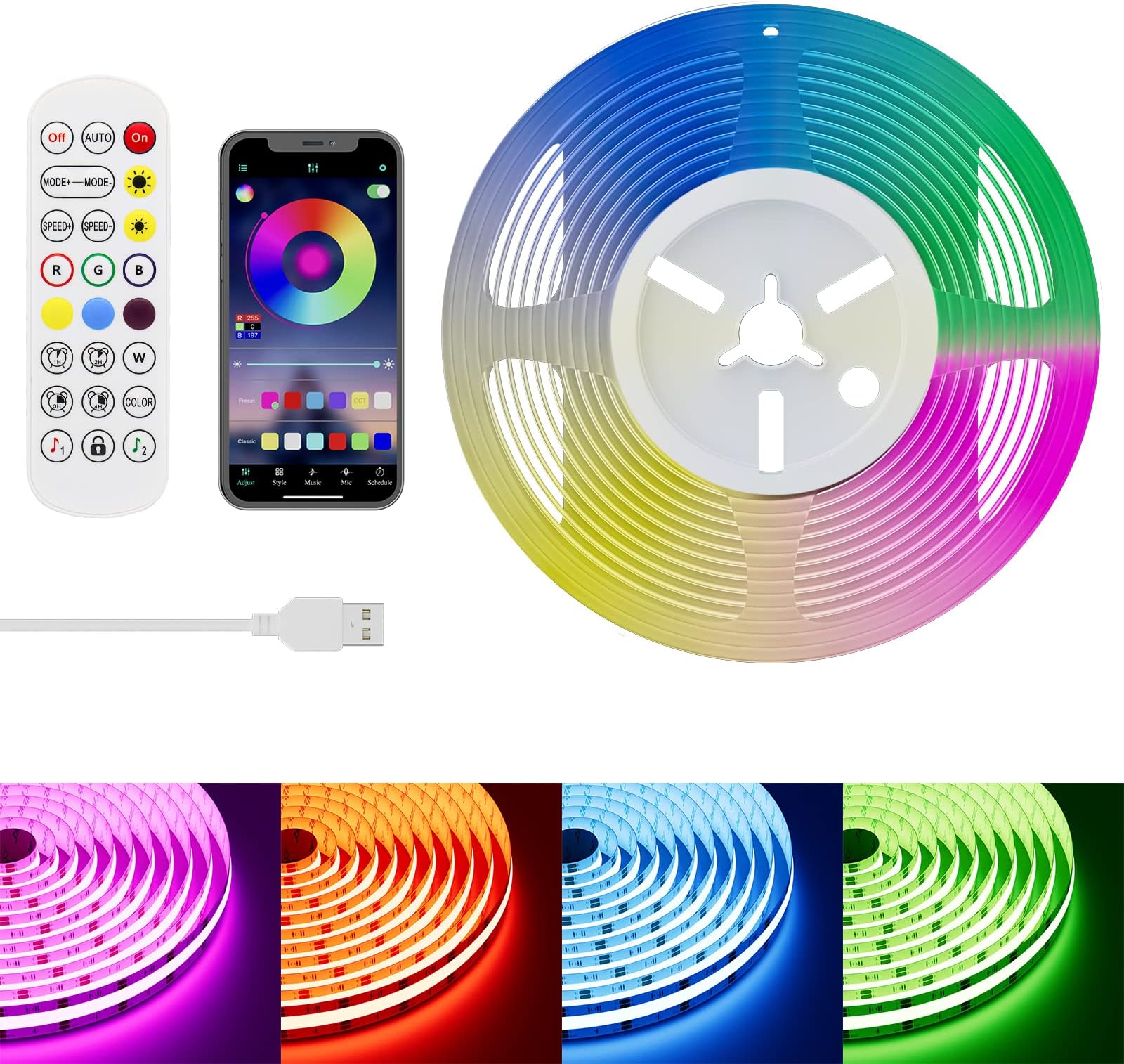 Amazon.com: PAUTIX 5V USB RGB COB LED Strip Light 4.92ft/1.5m Color ...