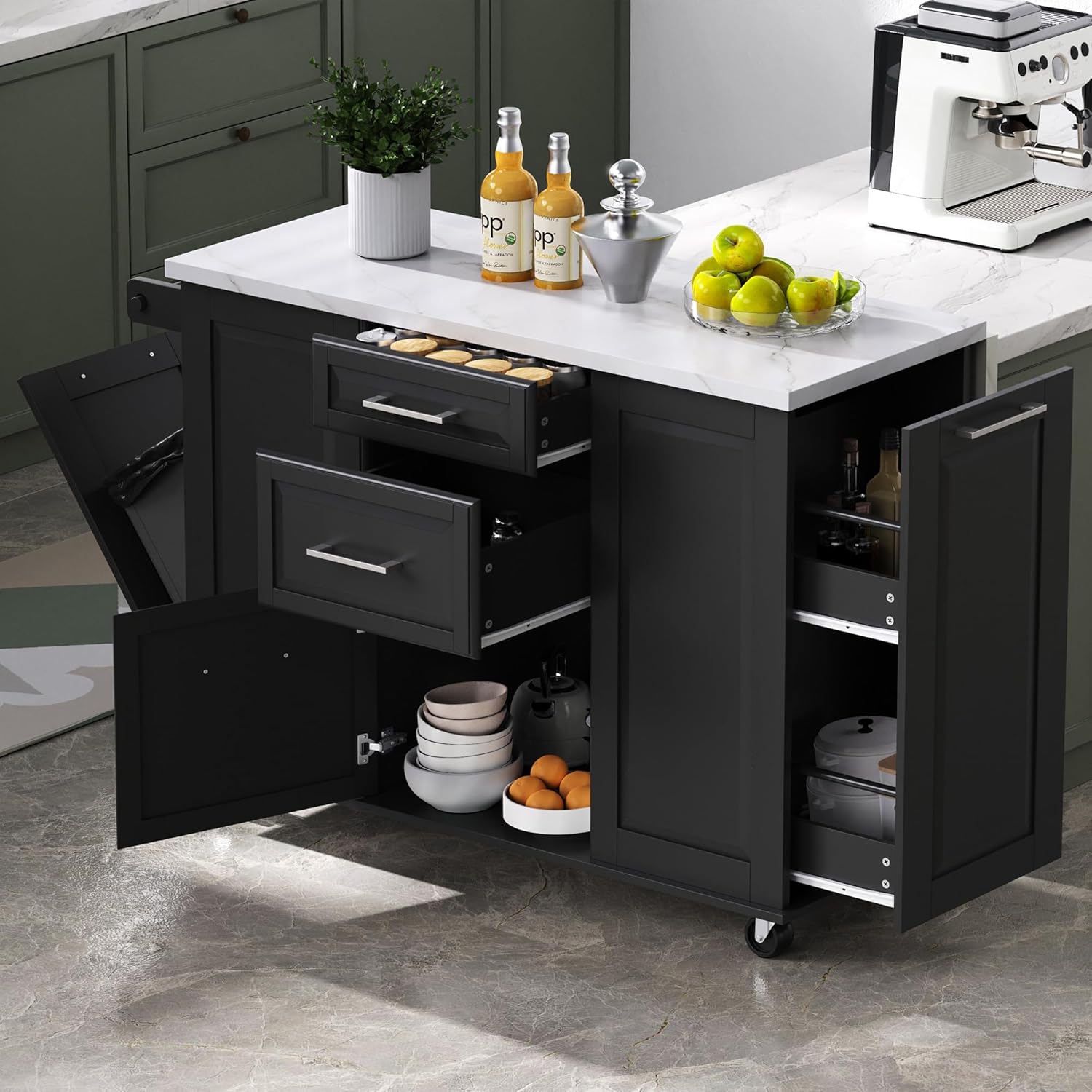 Amazon.com: Karzibo 50.7" Kitchen Island with Drop Leaf, Tilt Trash Can Cabinet, Pull Out ...